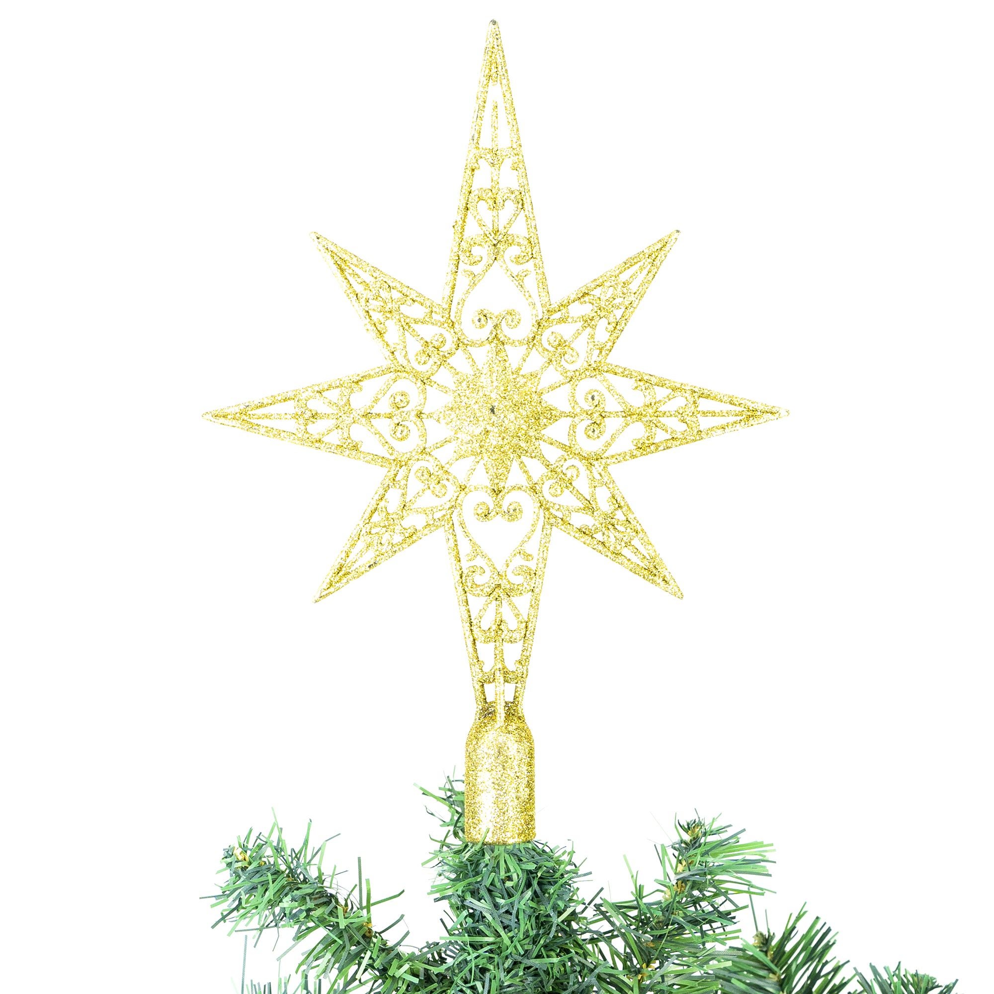 Varf de brad, model stea cu sclipici, plastic, inaltime 27 cm, auriu