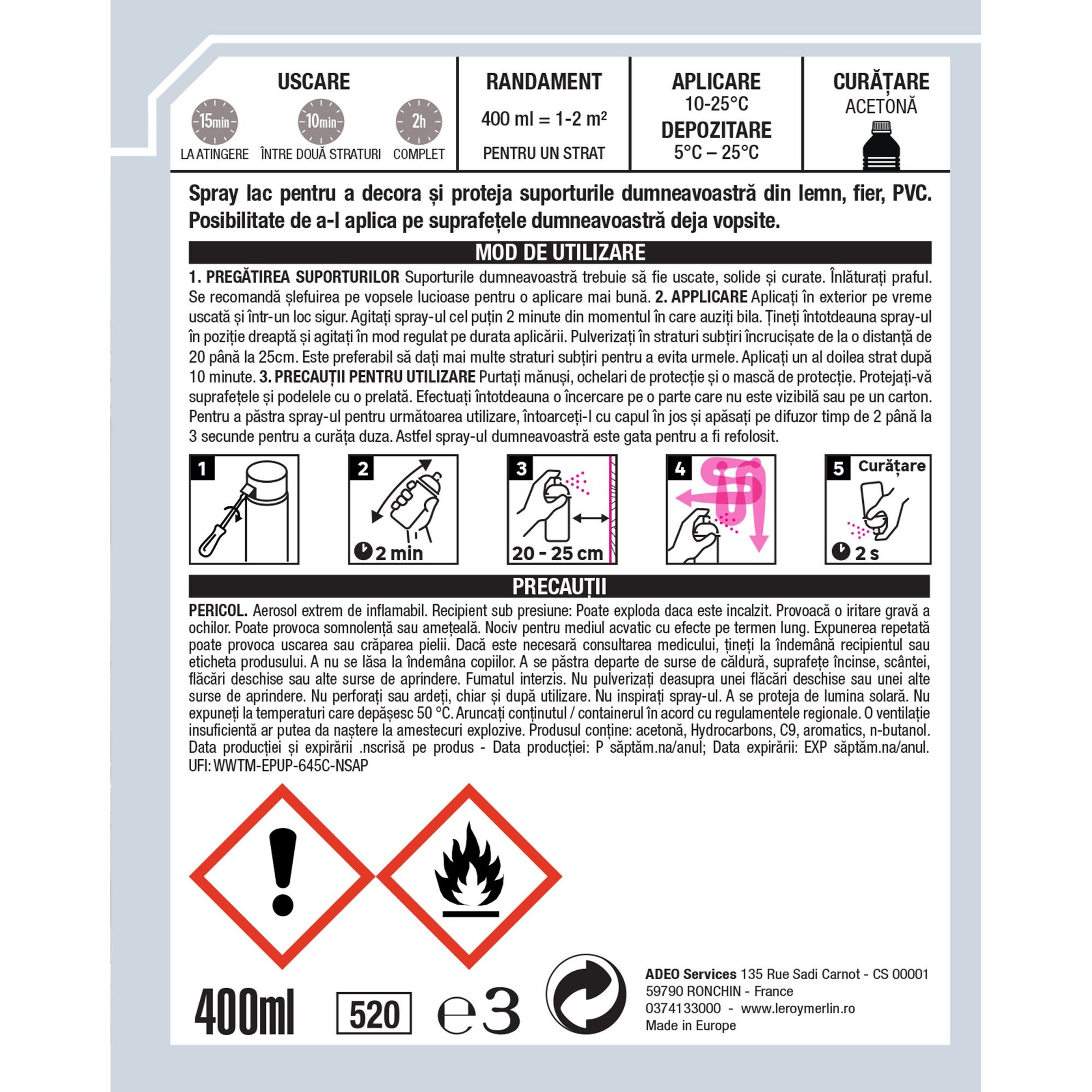 Spray lac Luxens, transparent, mat, 400 ml