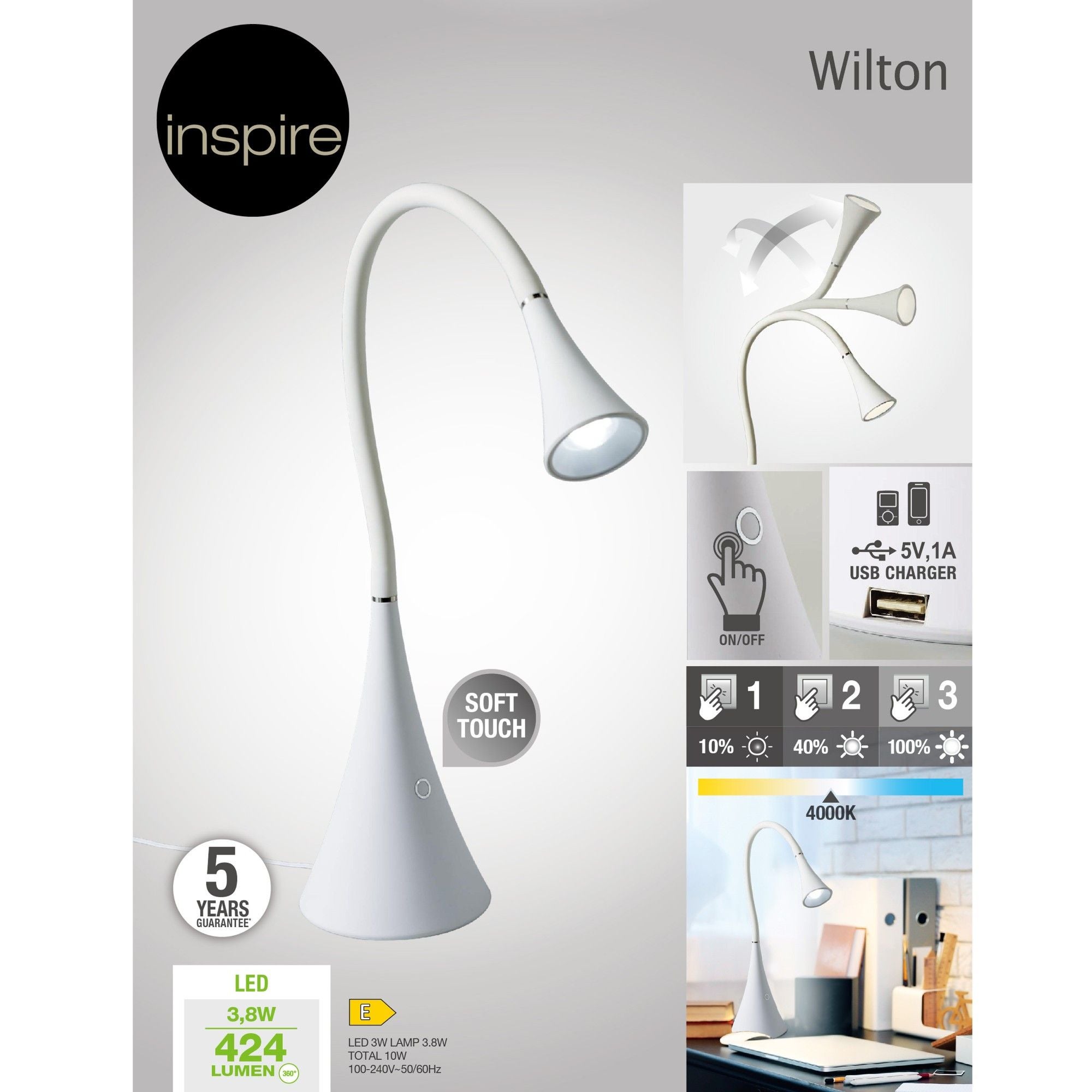 Lampa de birou LED Wilton, USB, 3W, 424 lumeni, alba