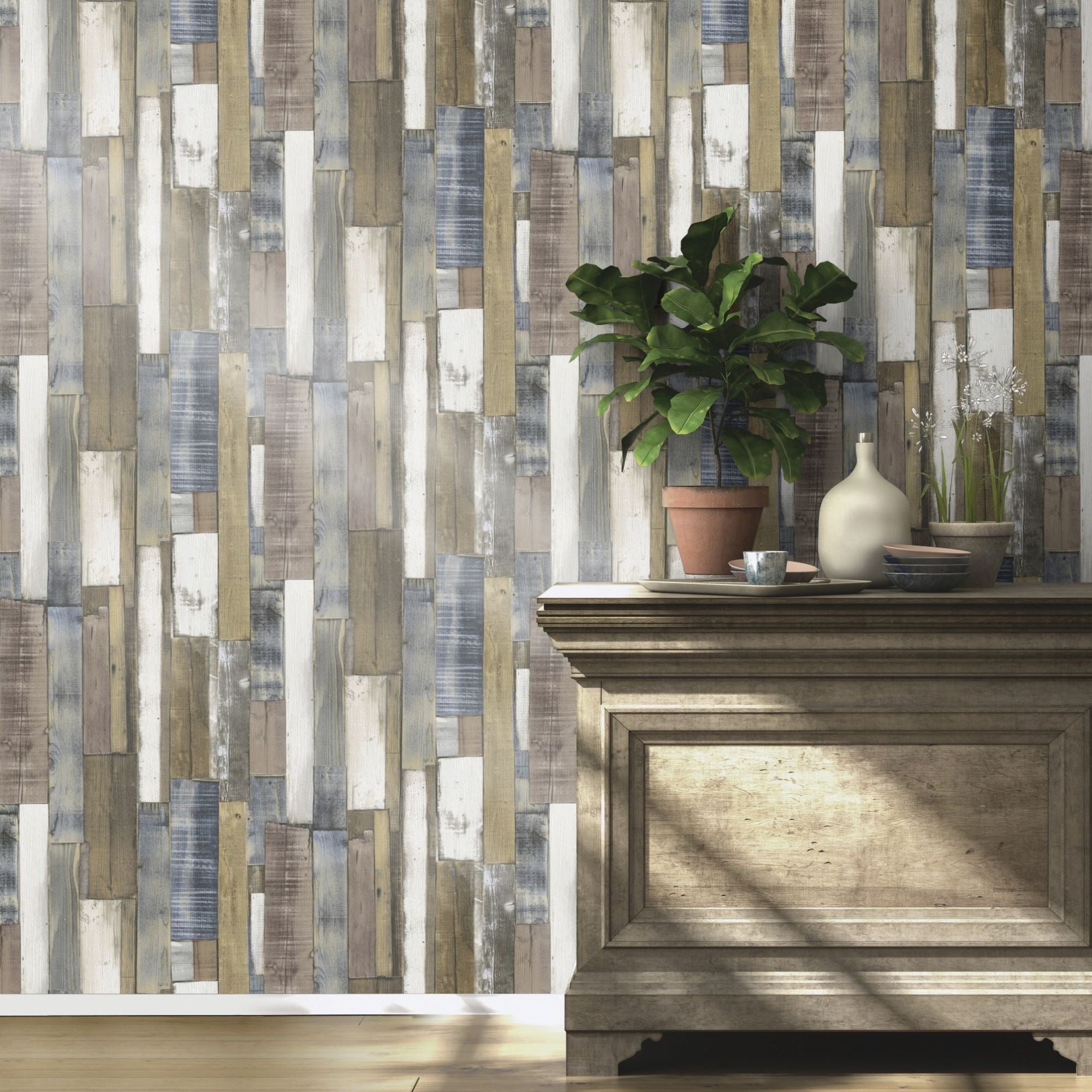 Tapet hartie, model tip lemn, albastru/maro, rola 10 x 0.53 m