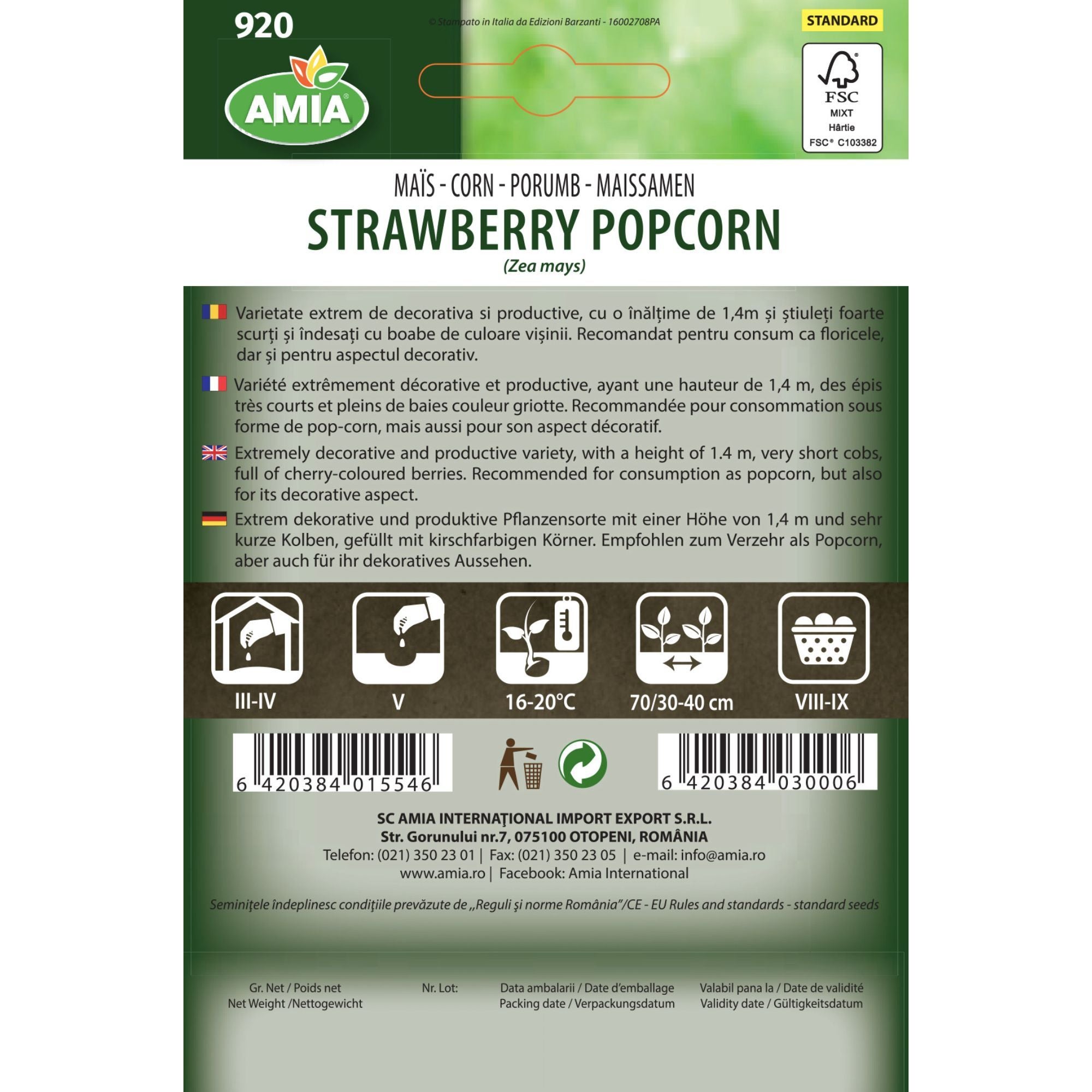 Seminte legume, porumb Strawberry Popcorn, Amia