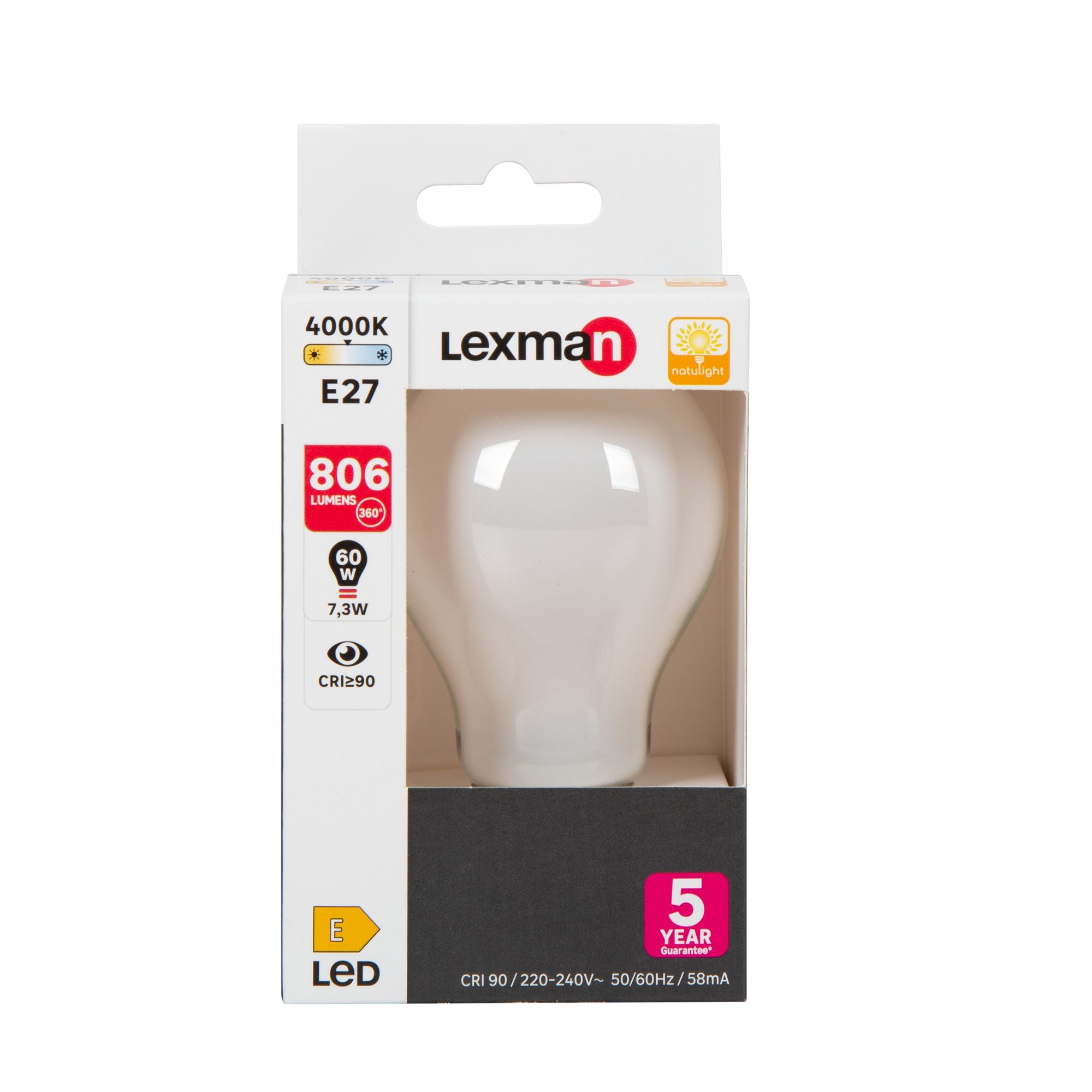 Bec LED Lexman, E27, alb neutru, 4000k, 7.2 W, 806 lumeni, tip clasic ...