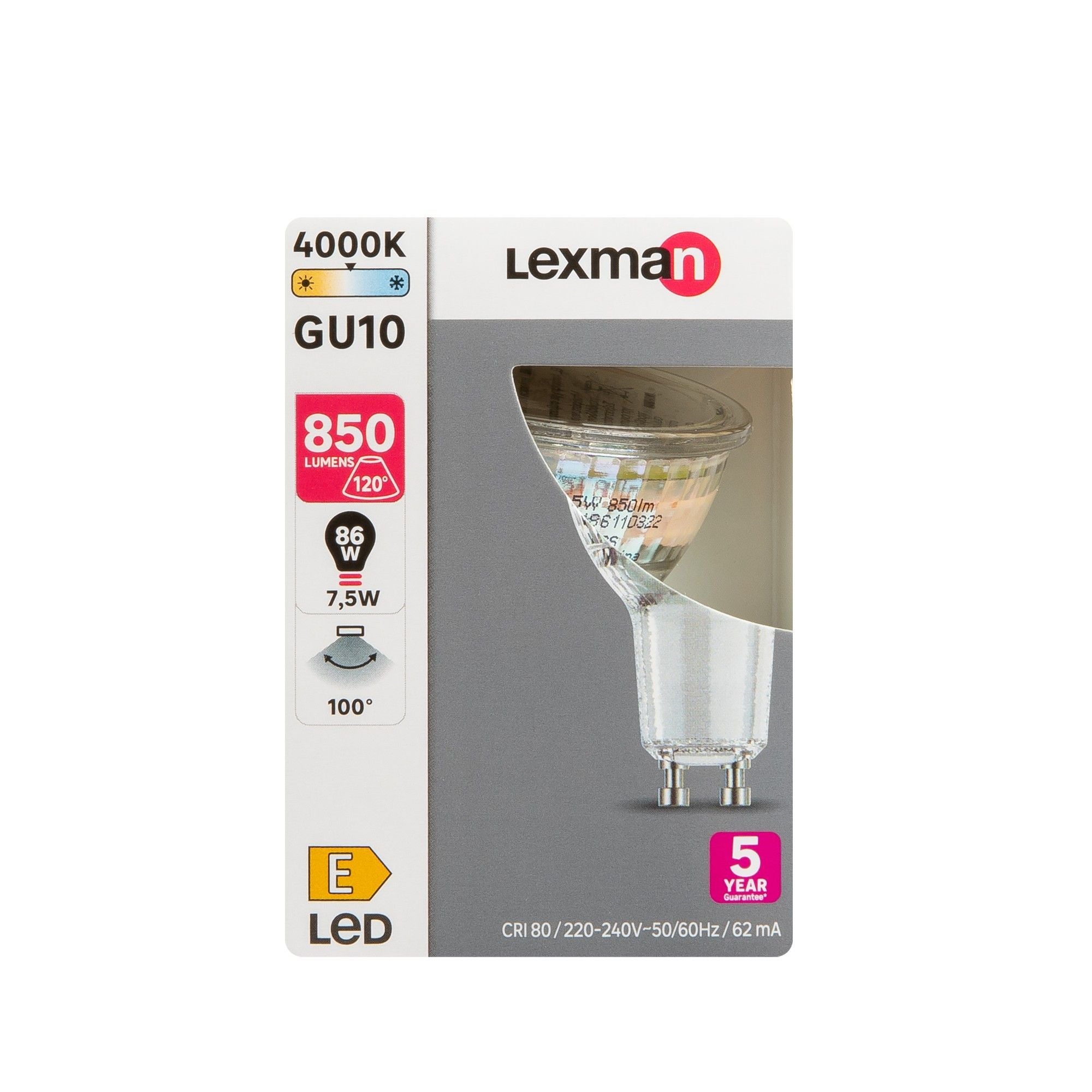 Bec LED Lexman, GU10, alb neutru, 4000K, 7.5 W, 850lm, transparent