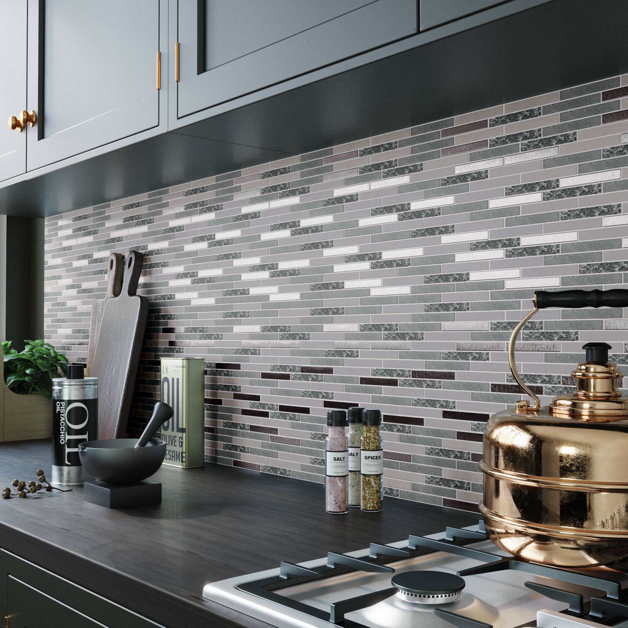 Mozaic sticla, aluminiu si marmura 30 x 30 cm, Artens, gri