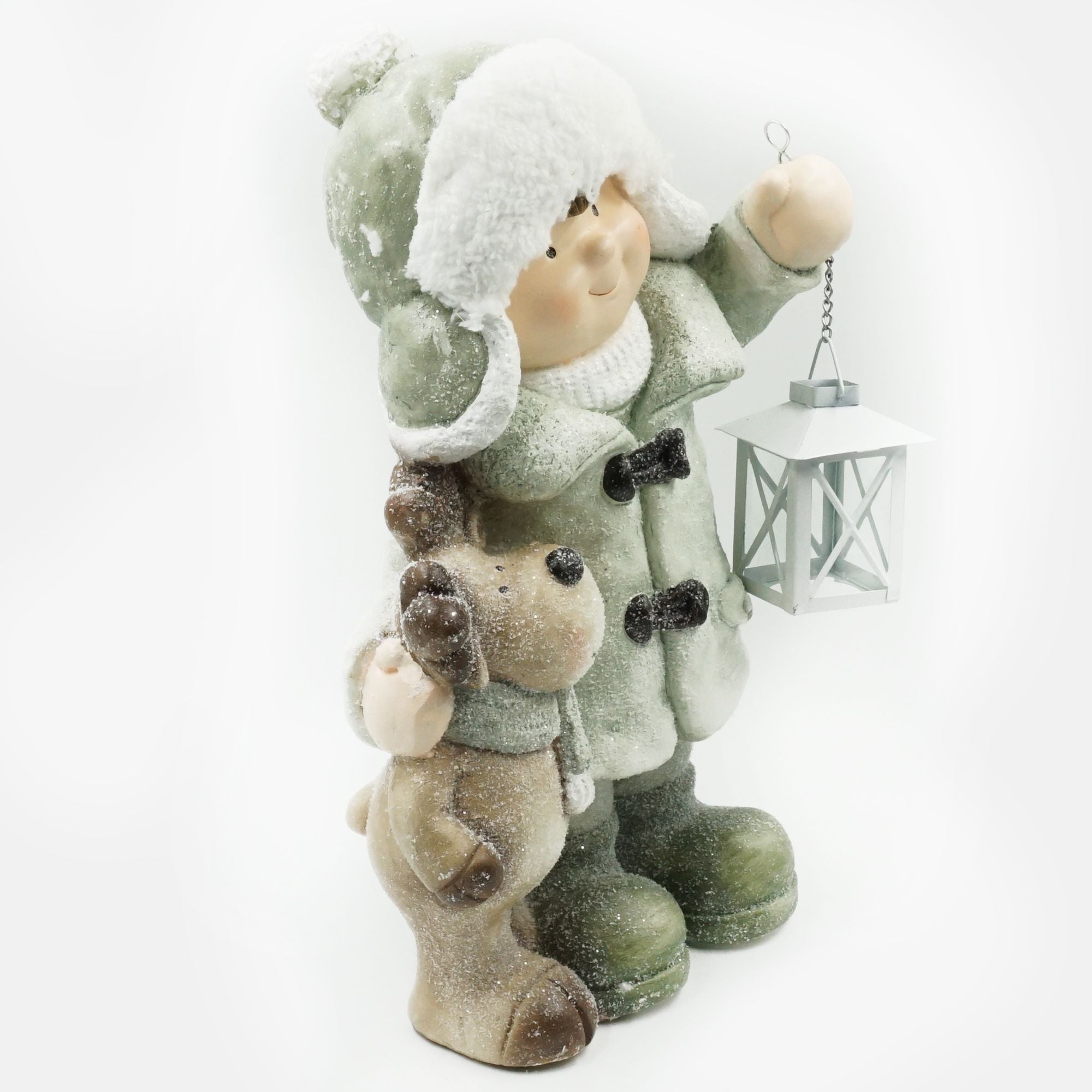 Figurina Craciun, baietel cu ren si felinar, ceramica,inaltime 41 cm, verde