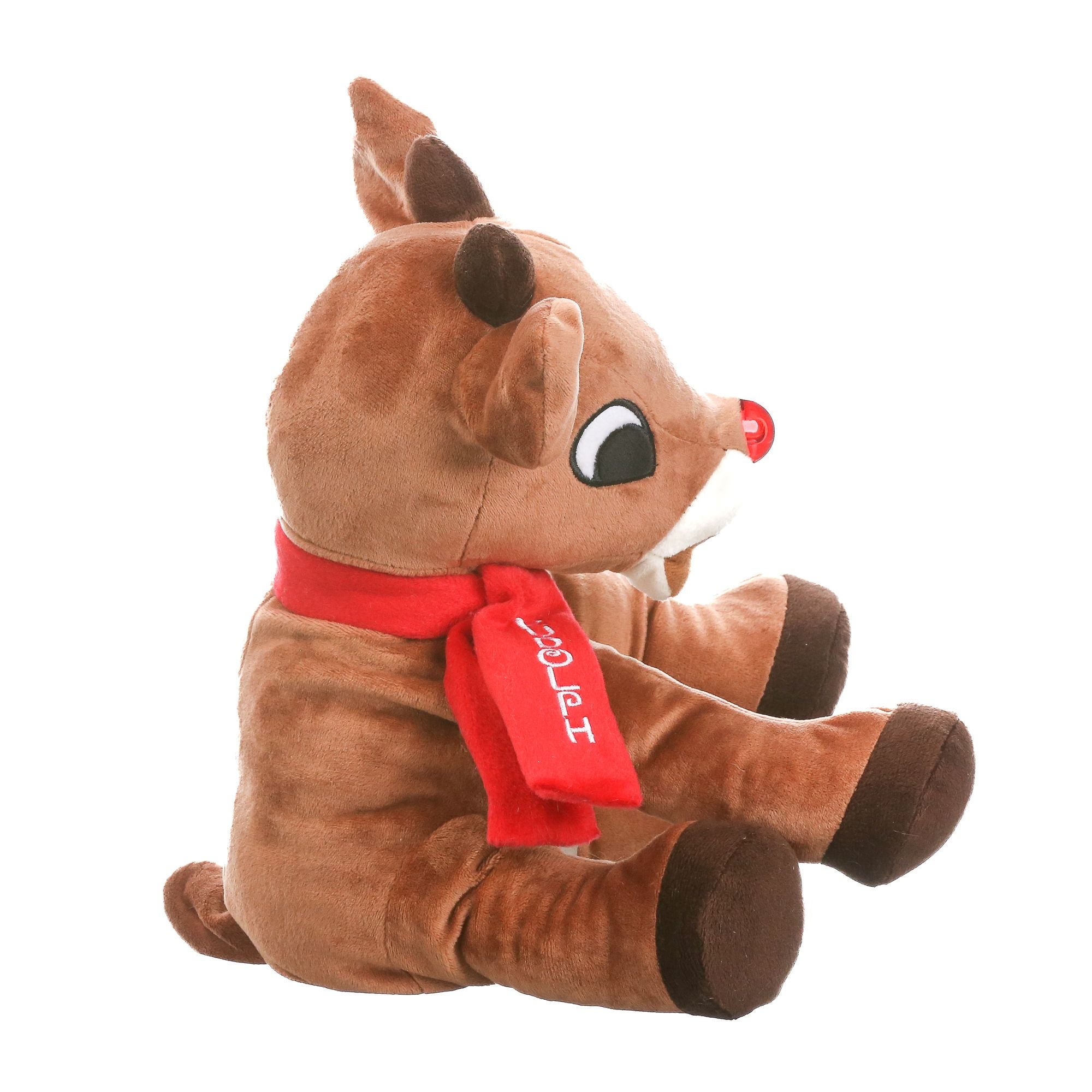 Figurina Craciun, ren cu nas rosu, muzical, poliester, inaltime 28 cm, maro