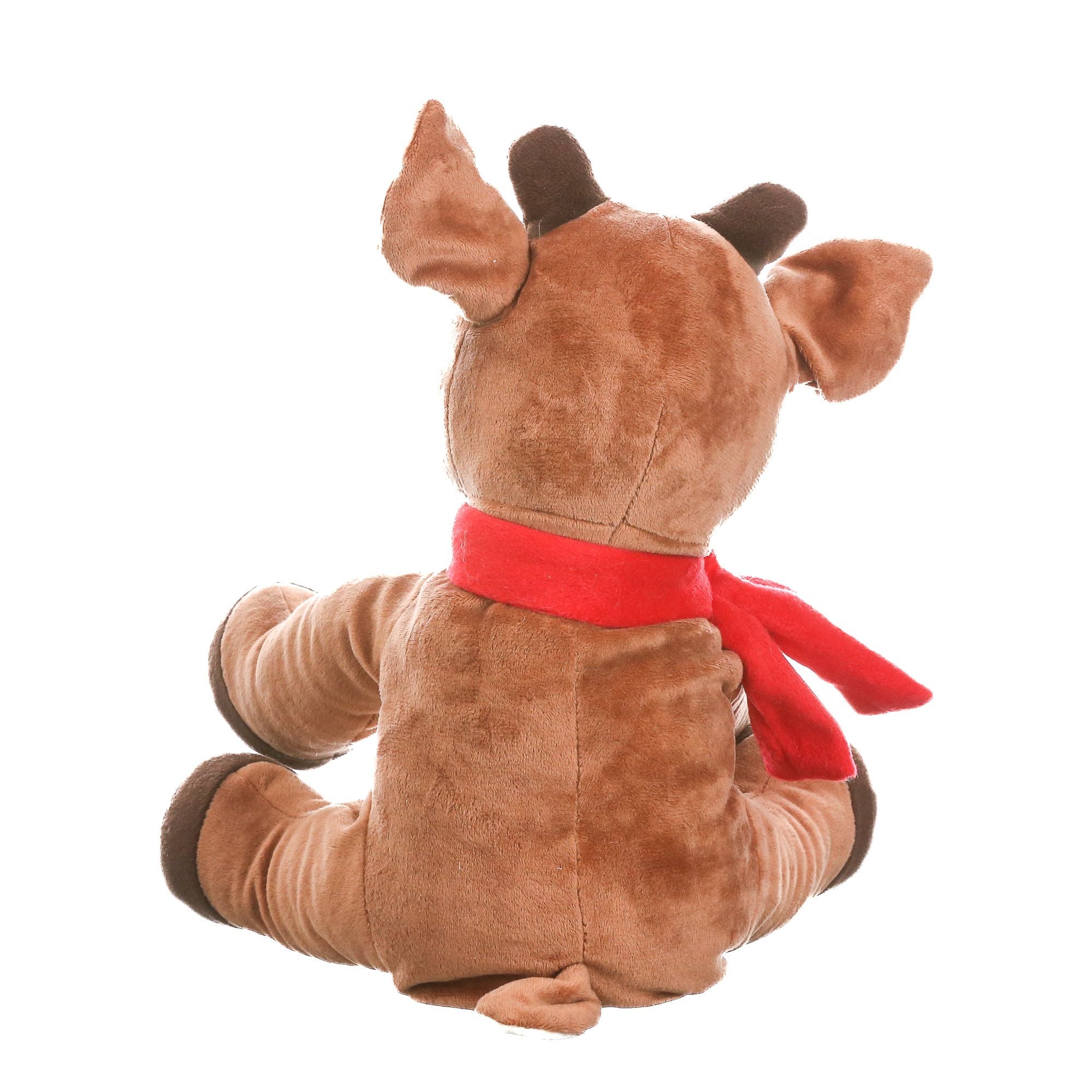 Figurina Craciun, ren cu nas rosu, muzical, poliester, inaltime 28 cm, maro