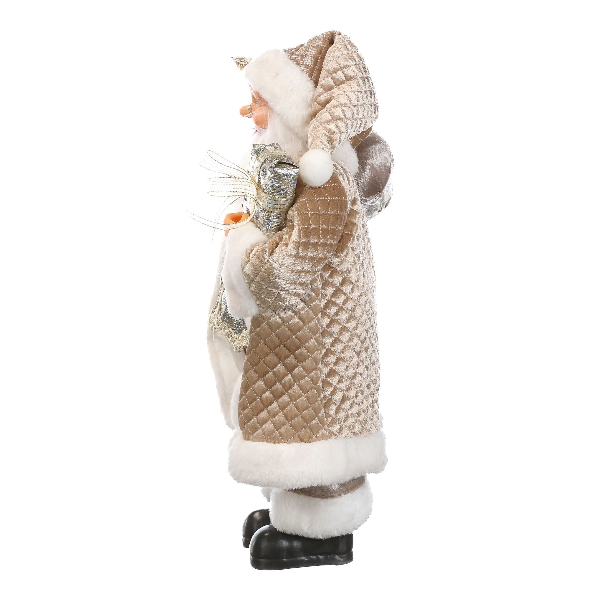 Figurina Mos Craciun, cu cadou si sac, poliester, inaltime 45 cm, argintiu