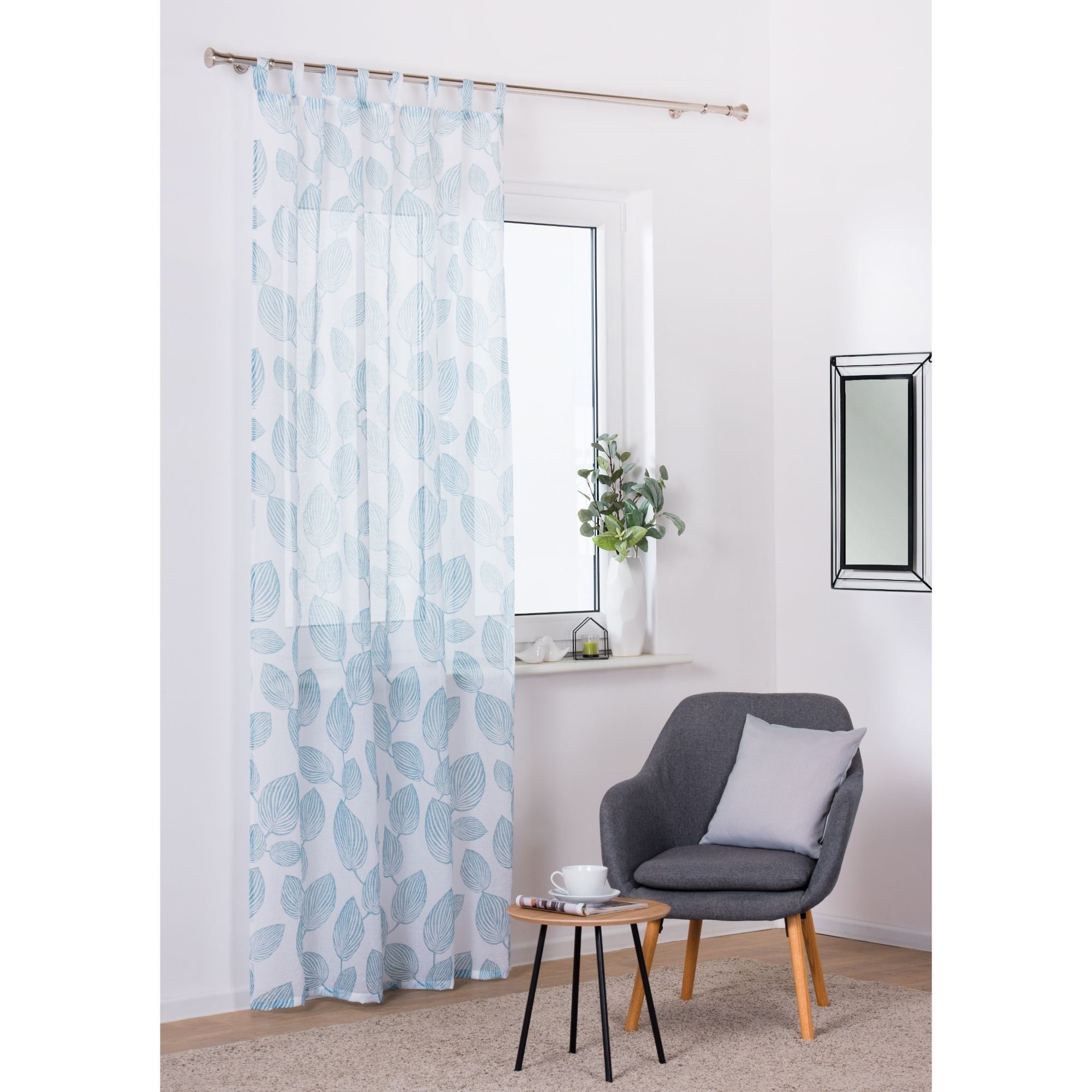 Perdea 140 x 260 cm Tille, model vegetal, cu bride, alb/turcoaz
