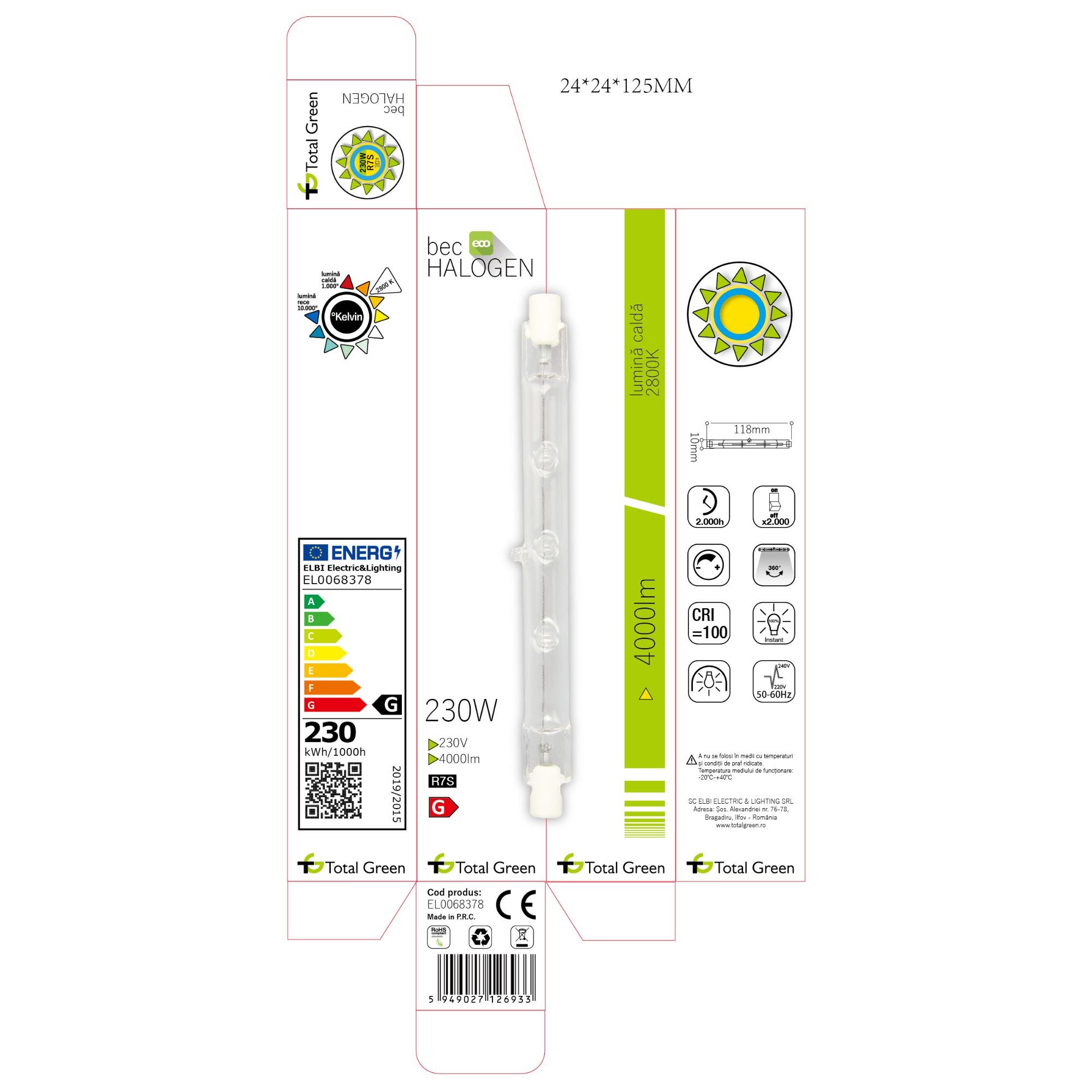 Bec cu halogen, R7S, 230 W, 4000 lumeni, 125 mm