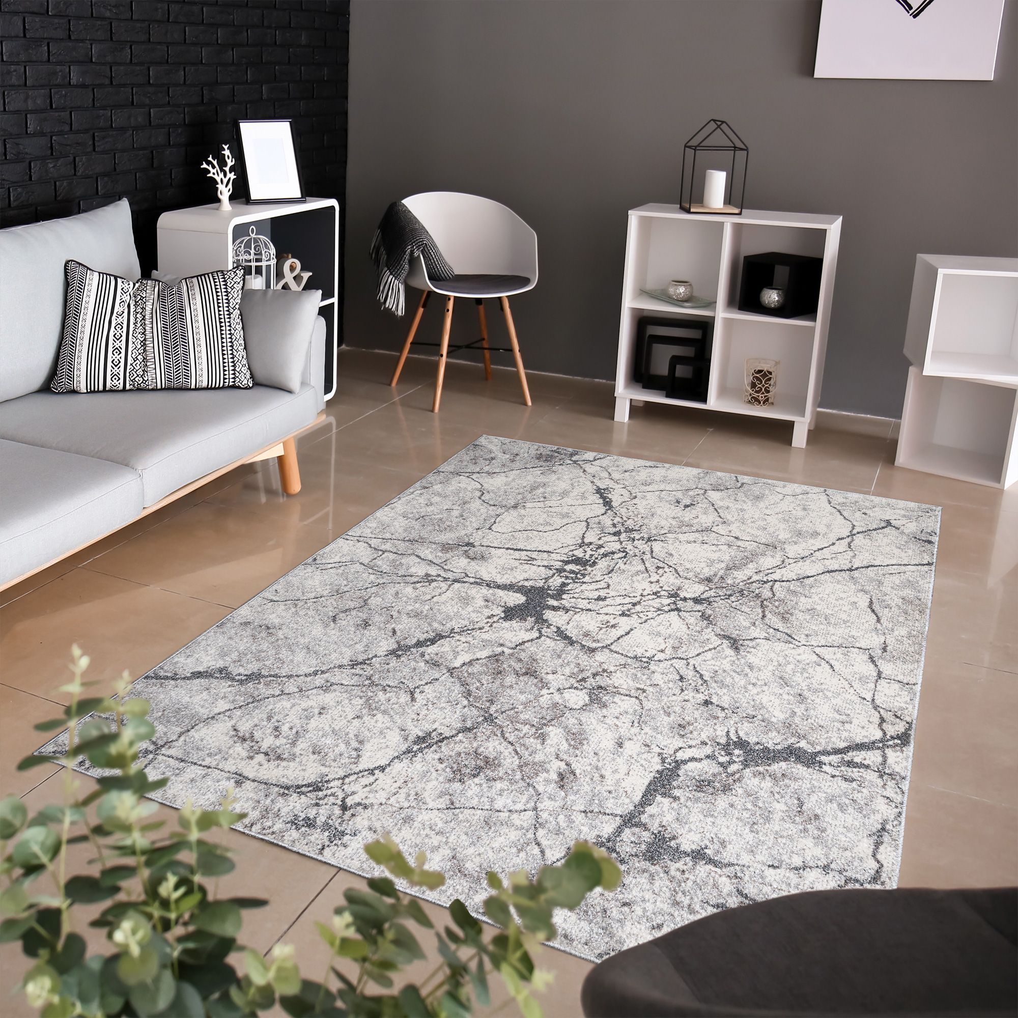 Covor Beenom, polipropilena, 80 x 150 cm, model marmura, alb