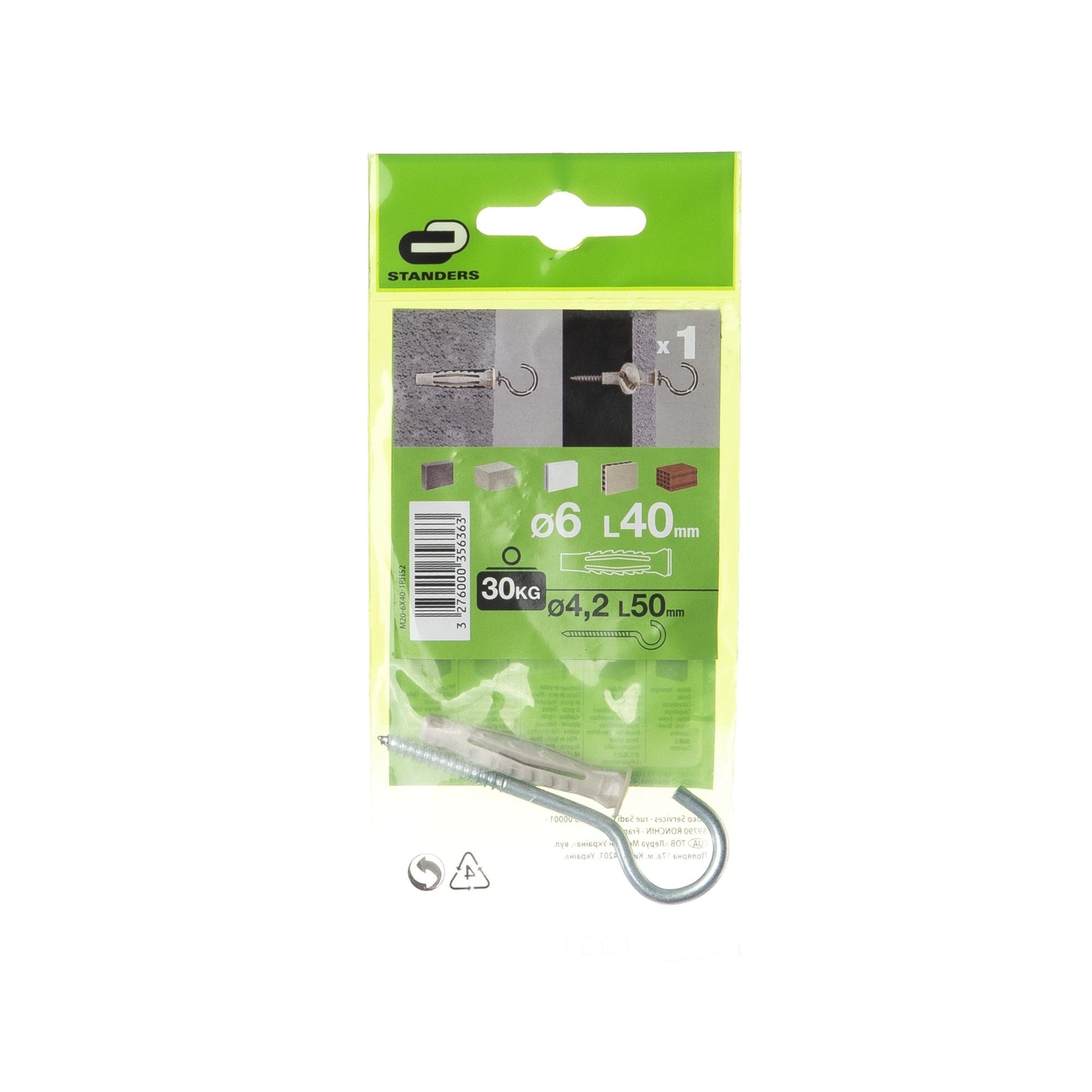Diblu cu surub inel deschis, pentru beton/BCA, caramida, Ø 6 x 40 mm