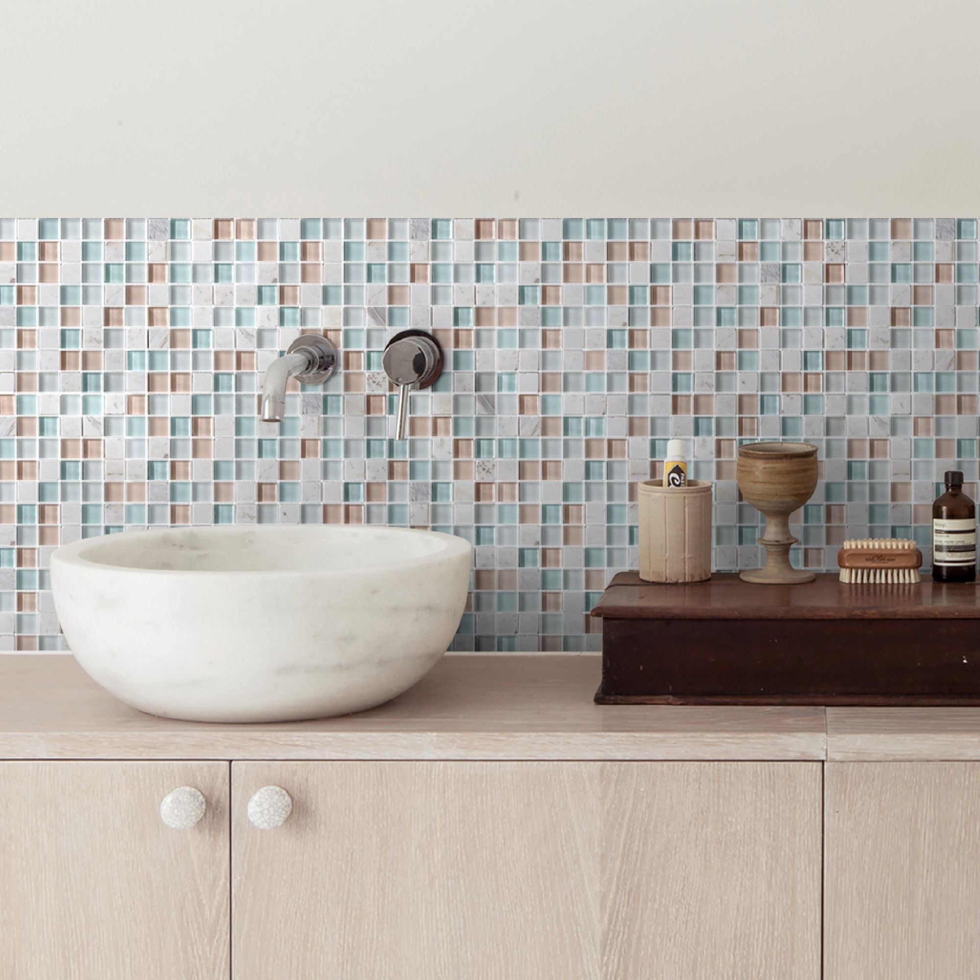 Mozaic sticla si marmura 30 X 30 cm, Artens, bej/roz/bleu