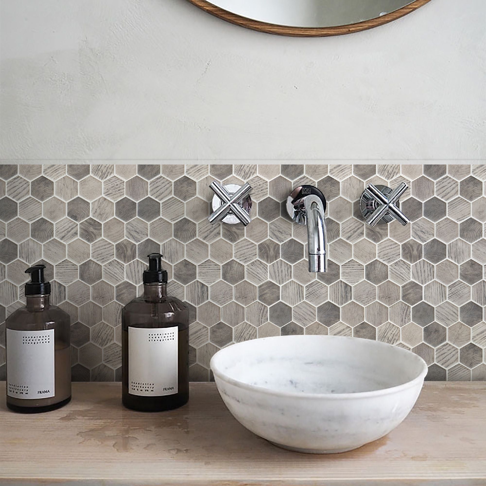 Mozaic sticla 30 x 30 cm, Artens, decor lemn, bej