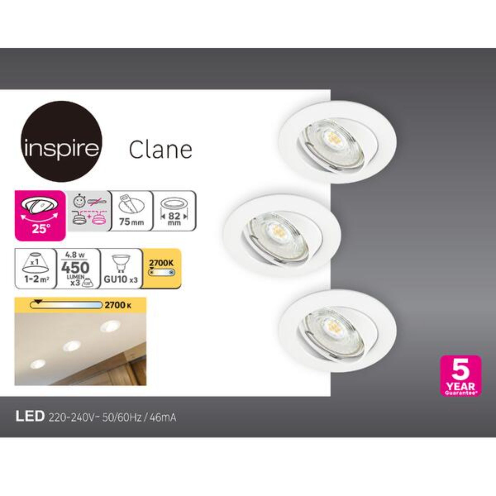 Set 3 spoturi LED incastrate Clane, orientabil, GU10, 450 lm, lumina ...