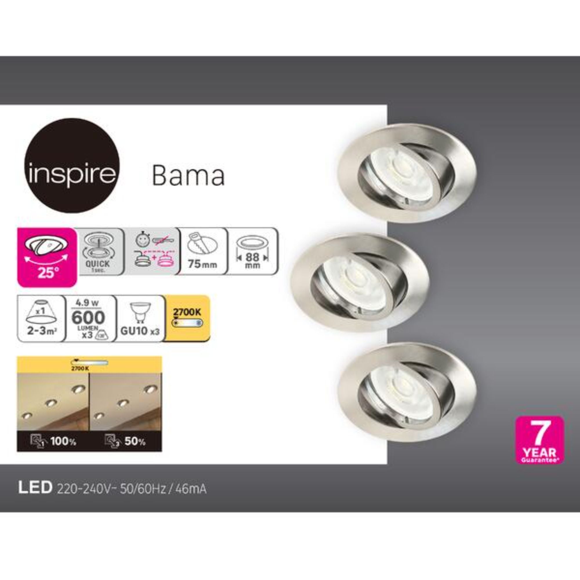 Set 3 spoturi LED incastrate Bama, orientabil, GU10, 600 lm, lumina ...