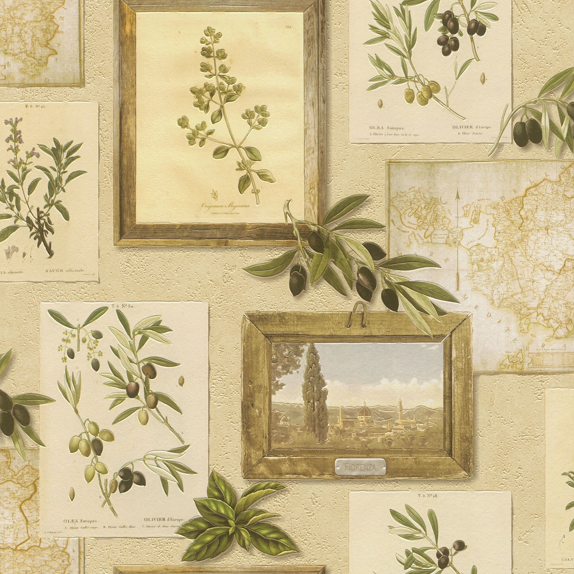 Tapet crem si verde, model vegetal cu frunze de maslin