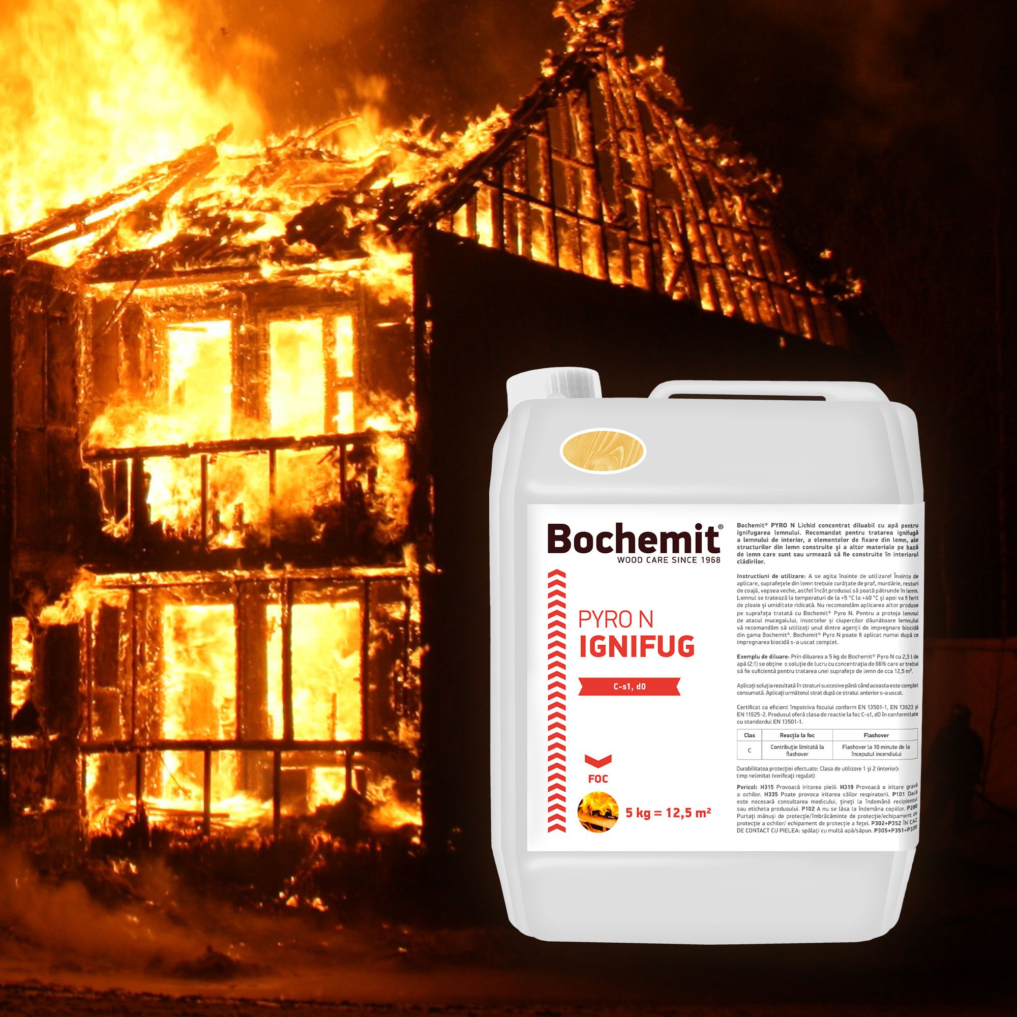 Ignifugant concentrat pentru lemn, interior, Pyro N Bochemit, 5 kg