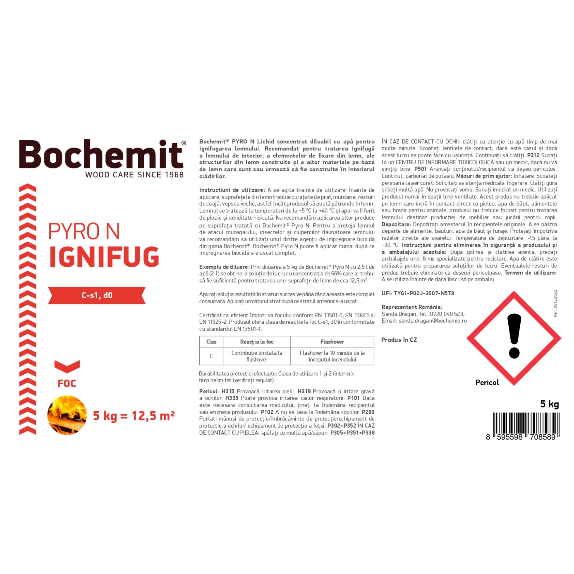 Ignifugant concentrat pentru lemn, interior, Pyro N Bochemit, 25 kg