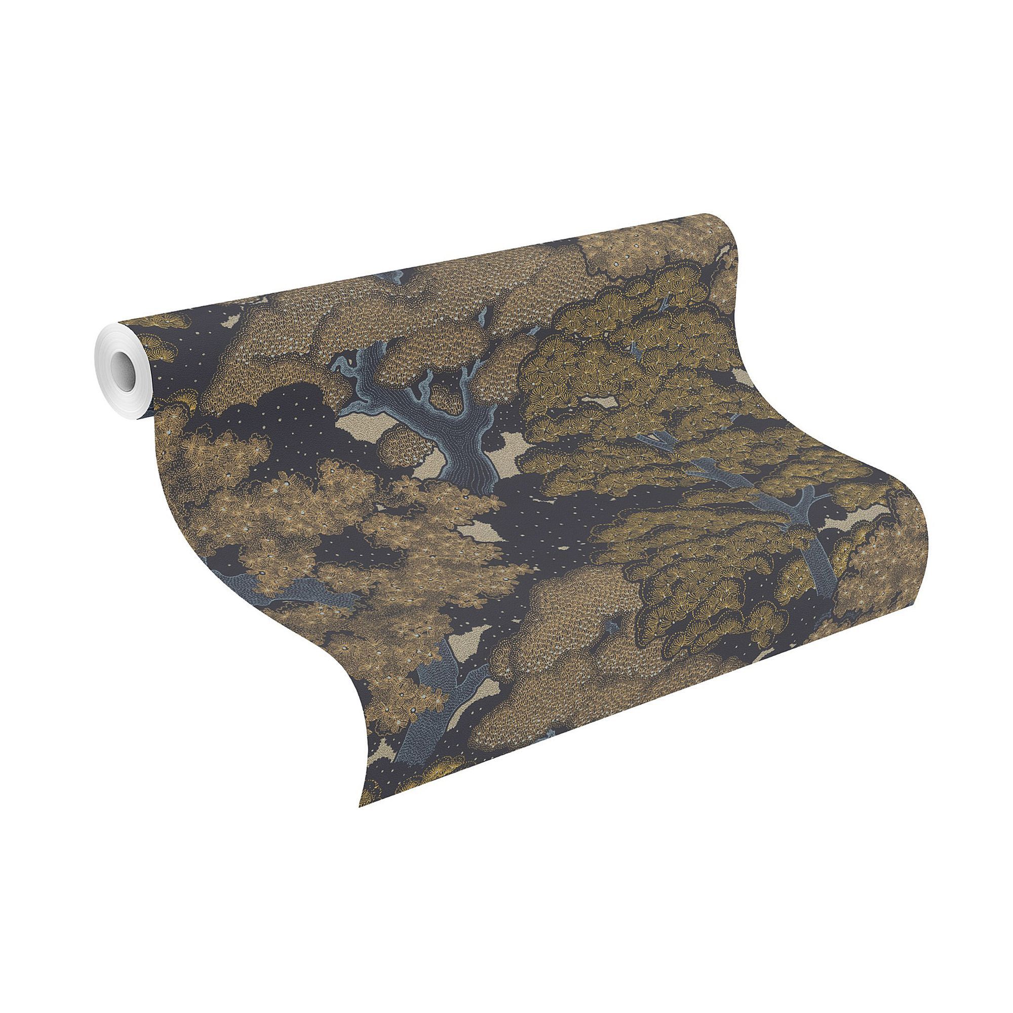 Tapet vinil, model vegetal, albastru/auriu, rola 10 x 0.53 m