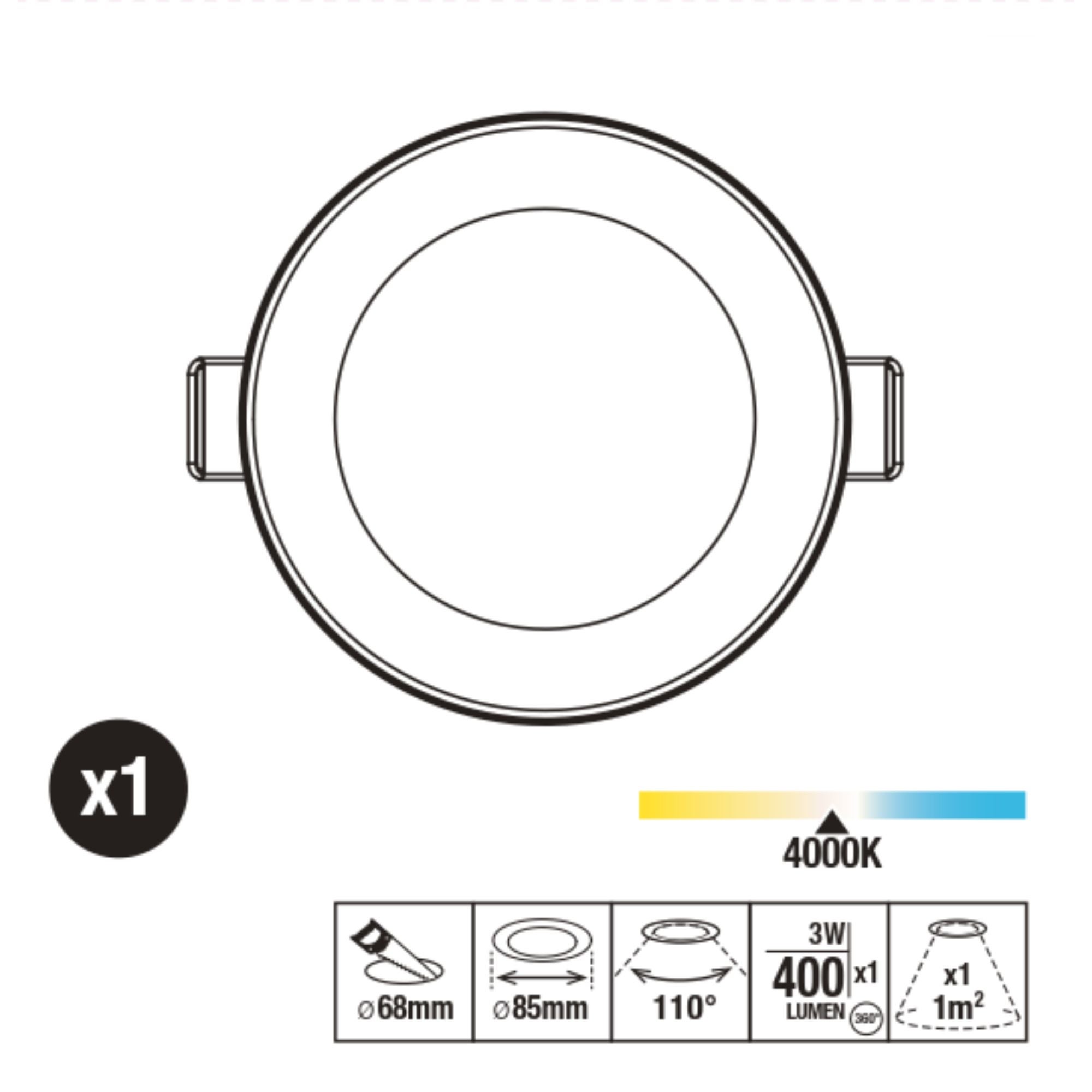 Spot LED incastrat, 3 W, 400 lumeni, lumina neutra, alb