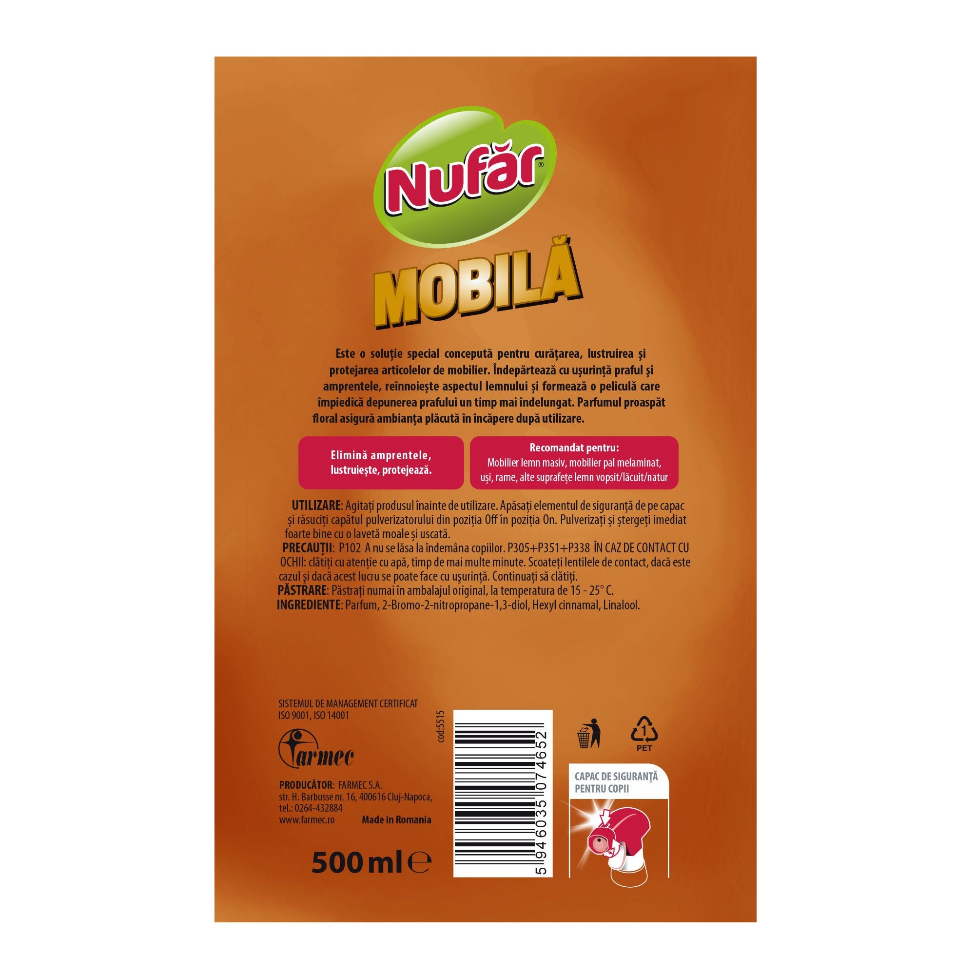 Solutie pentru curatarea mobilei, cu efect antistatic, Nufar, 0.5 L ...