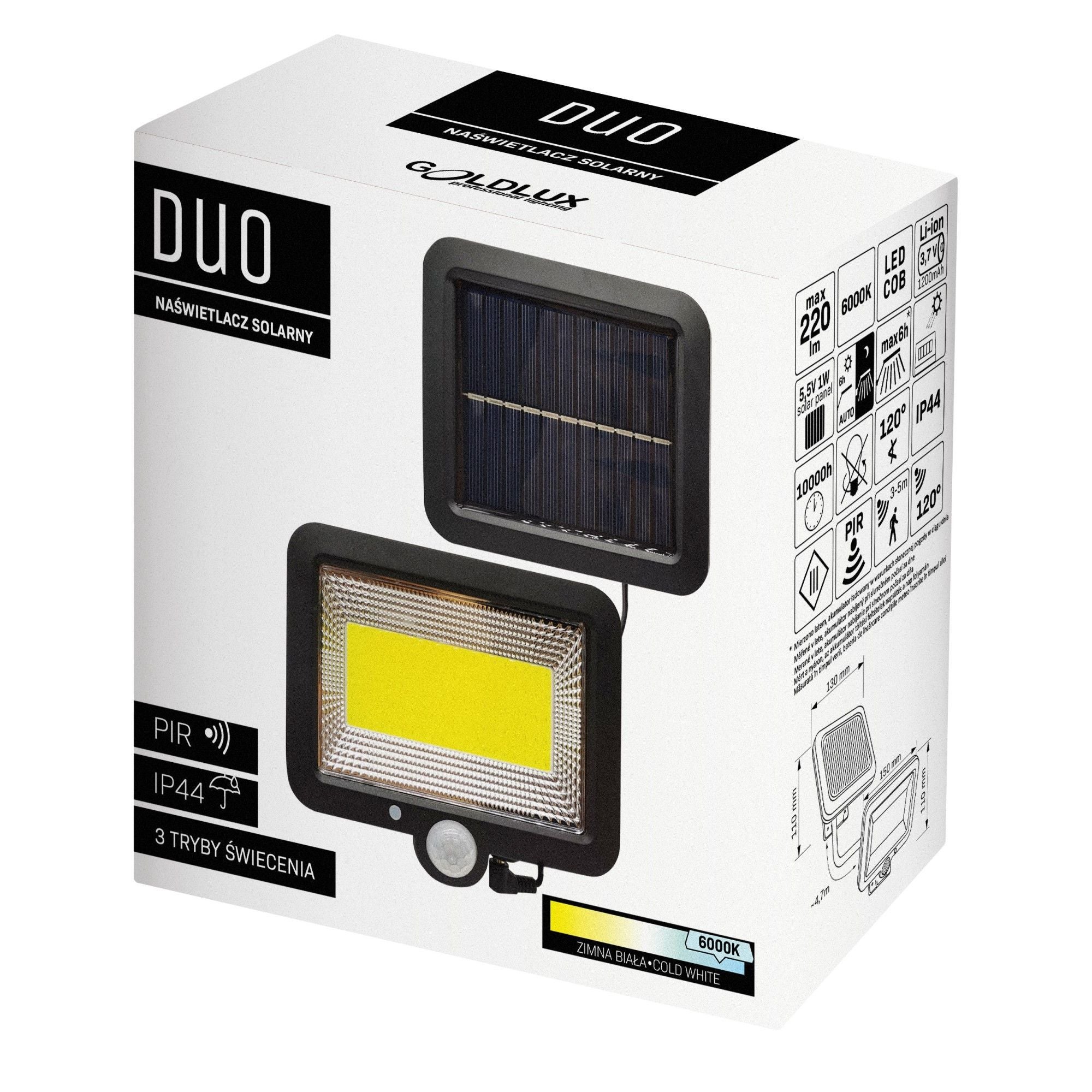Proiector LED solar Duo, 220 lm, lumina rece, IP44, senzor miscare
