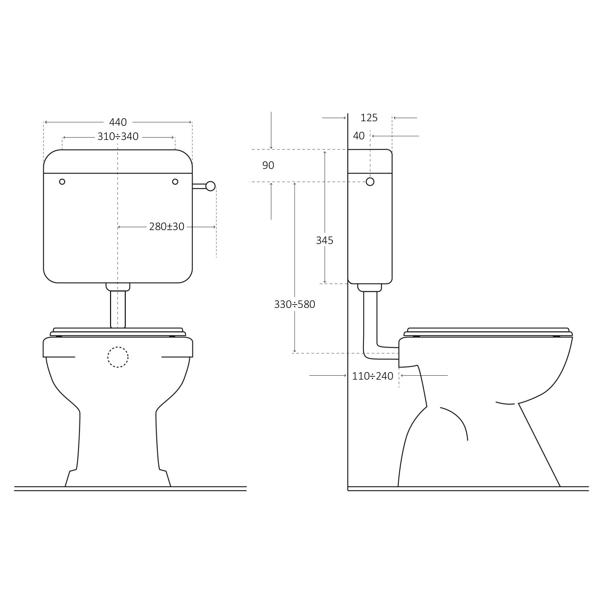 Rezervor WC Beta 1, montaj la semi-inaltime, actionare start-stop, alimentare laterala, 8 L