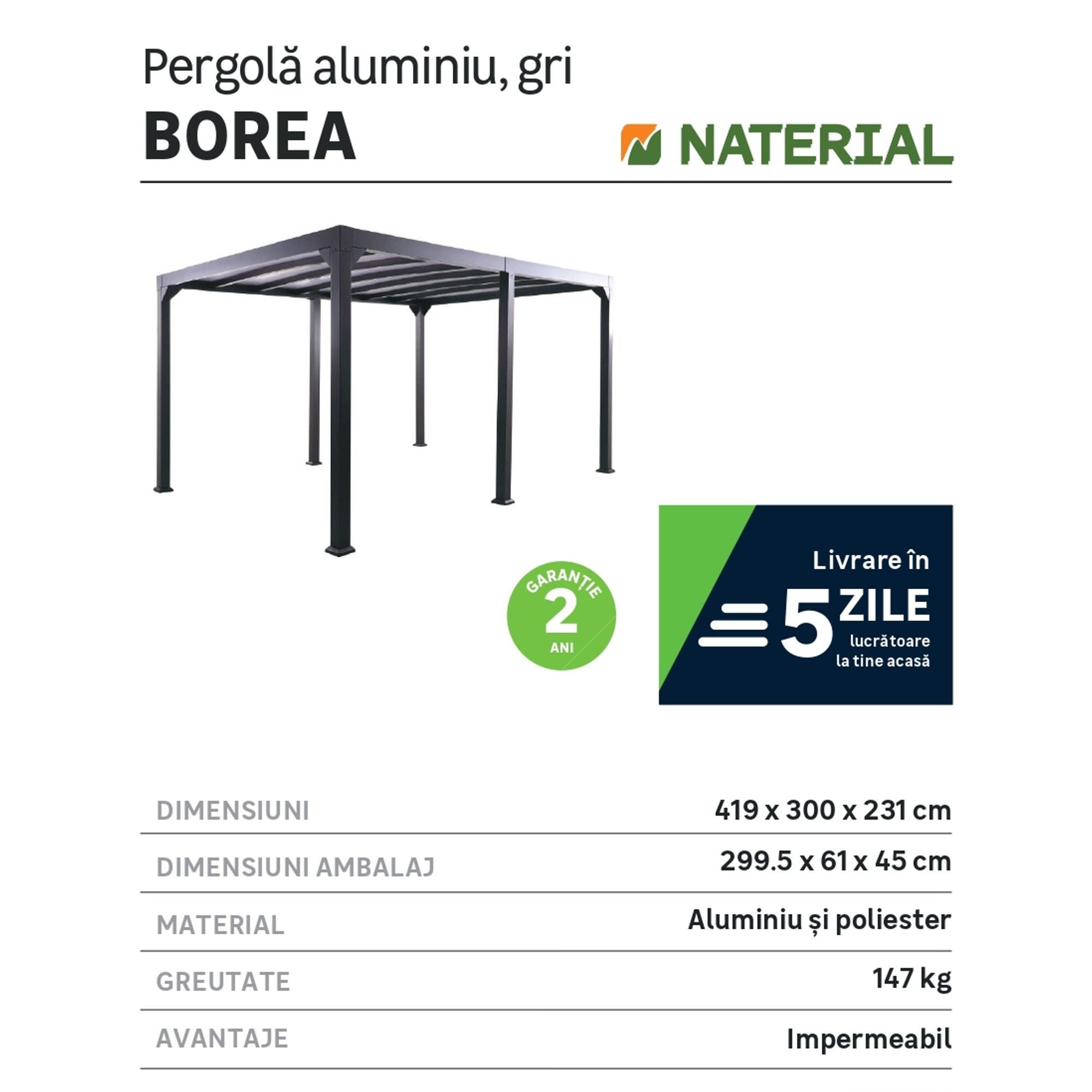 Pergola Naterial Borea, aluminiu/policarbonat, 419 x 300 cm, H 231 cm ...