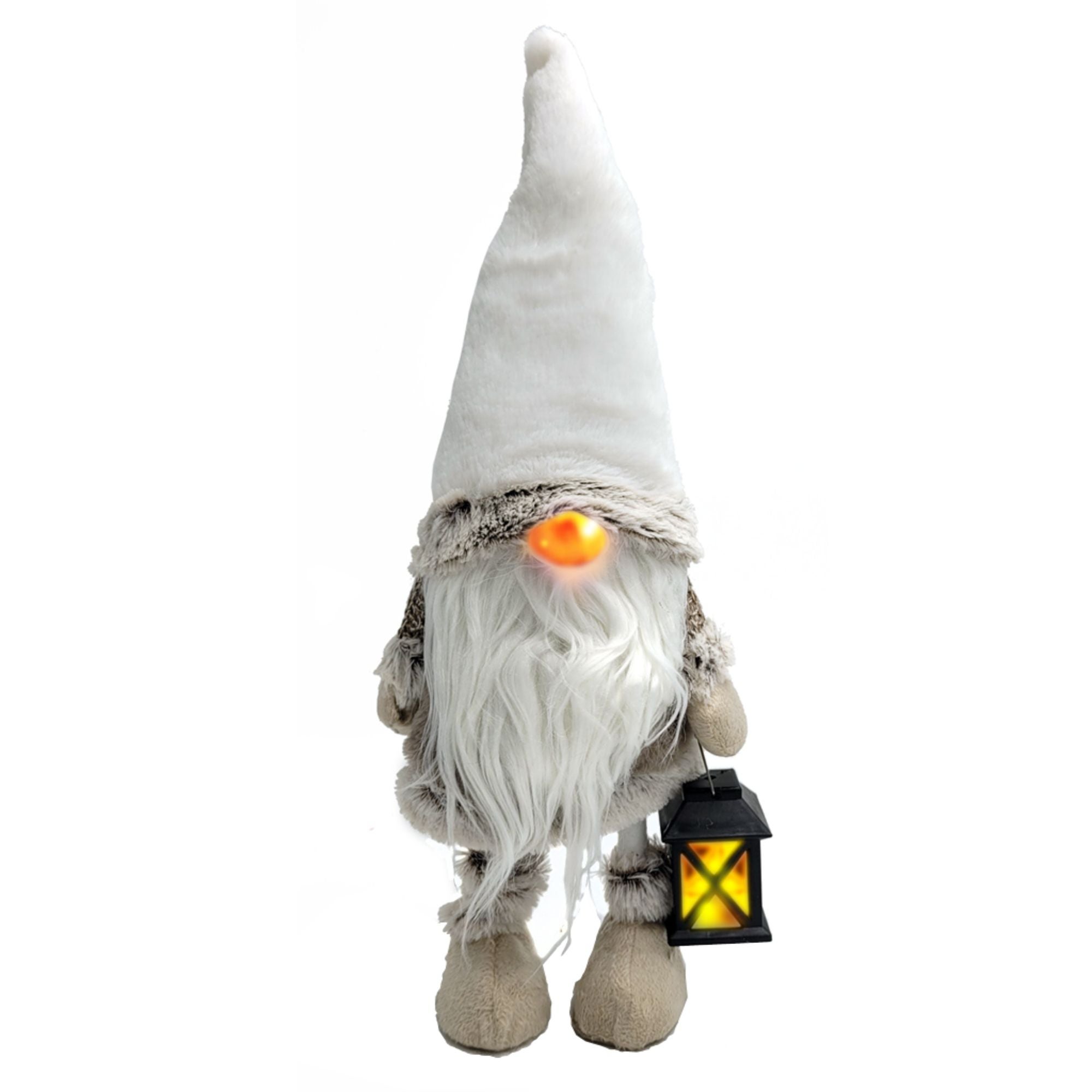 Figurina Craciun, gnom, cu LED, plastic/textil, inaltime 43 cm, alb
