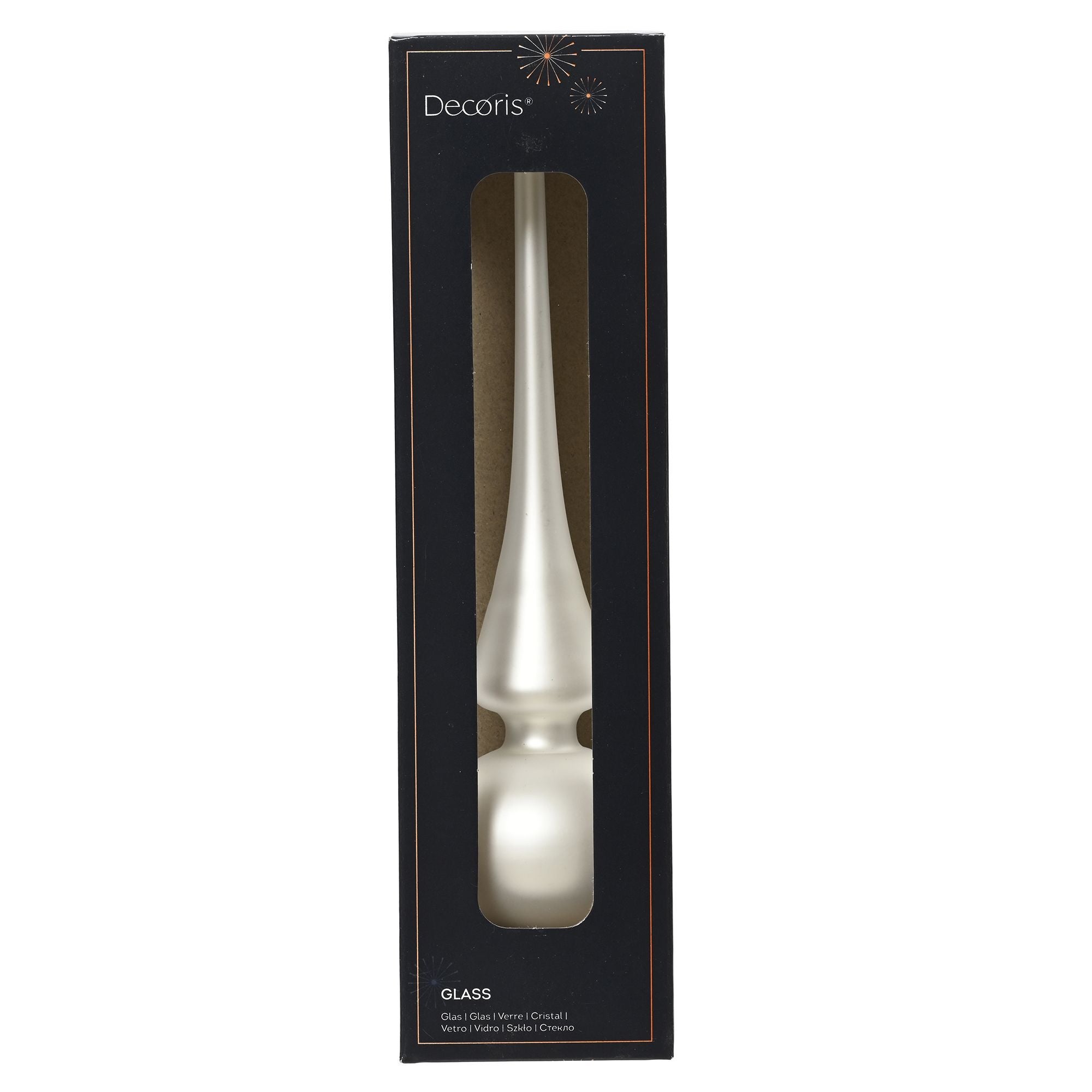 Varf de brad, model conic, sticla, inaltime 28 cm, alb mat