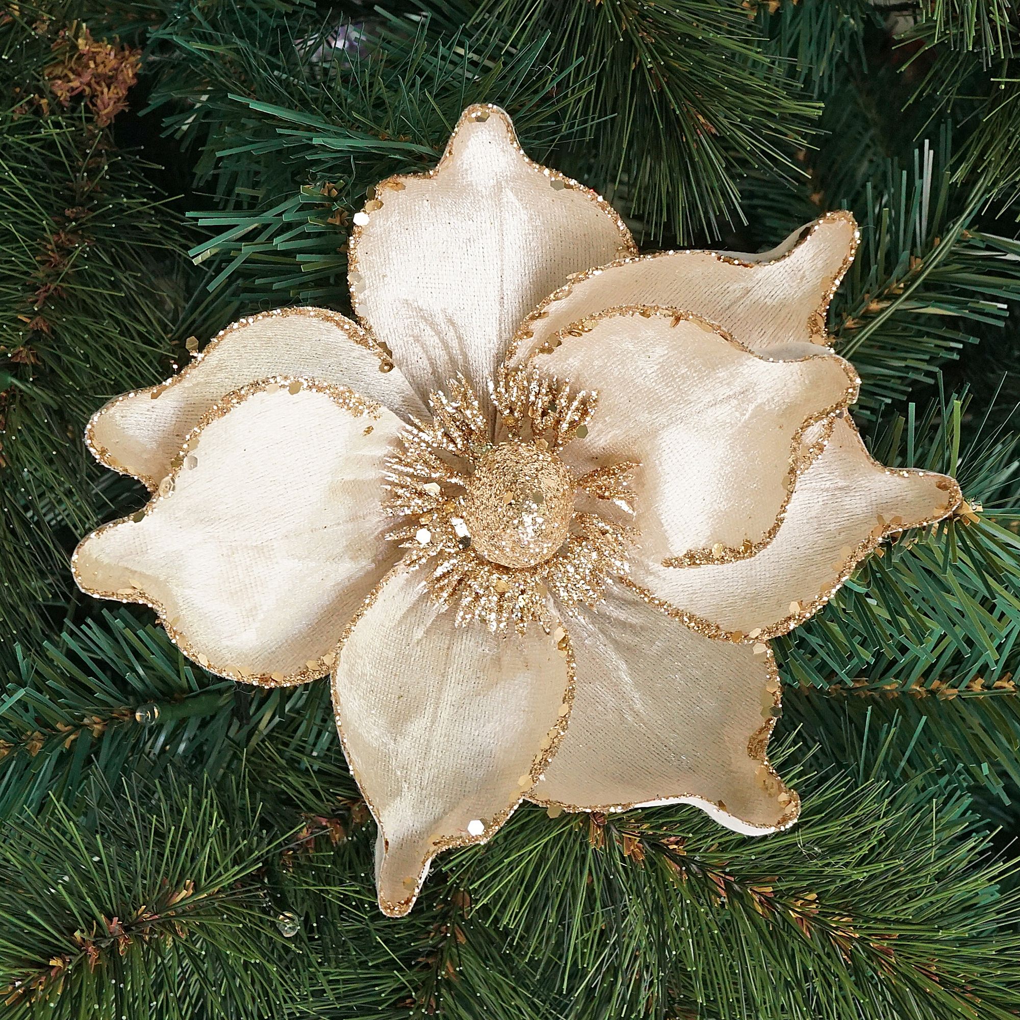 Decoratiune Craciun, pentru brad, model floare, plastic, 29 x 22 cm, bej