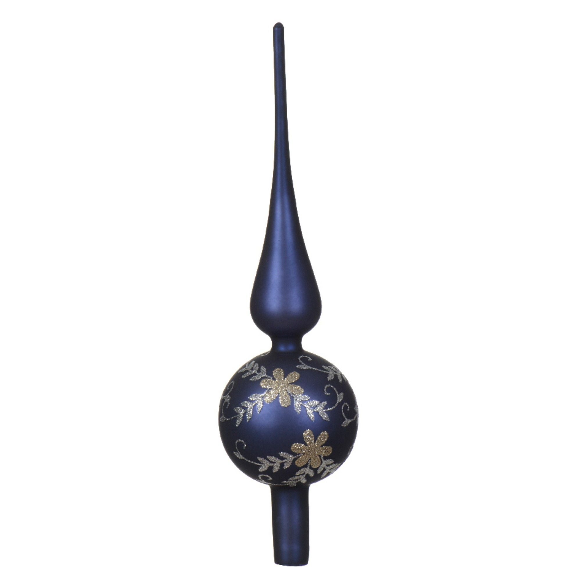 Varf de brad, model conic, cu sclipici, sticla, inaltime 31 cm, albastru