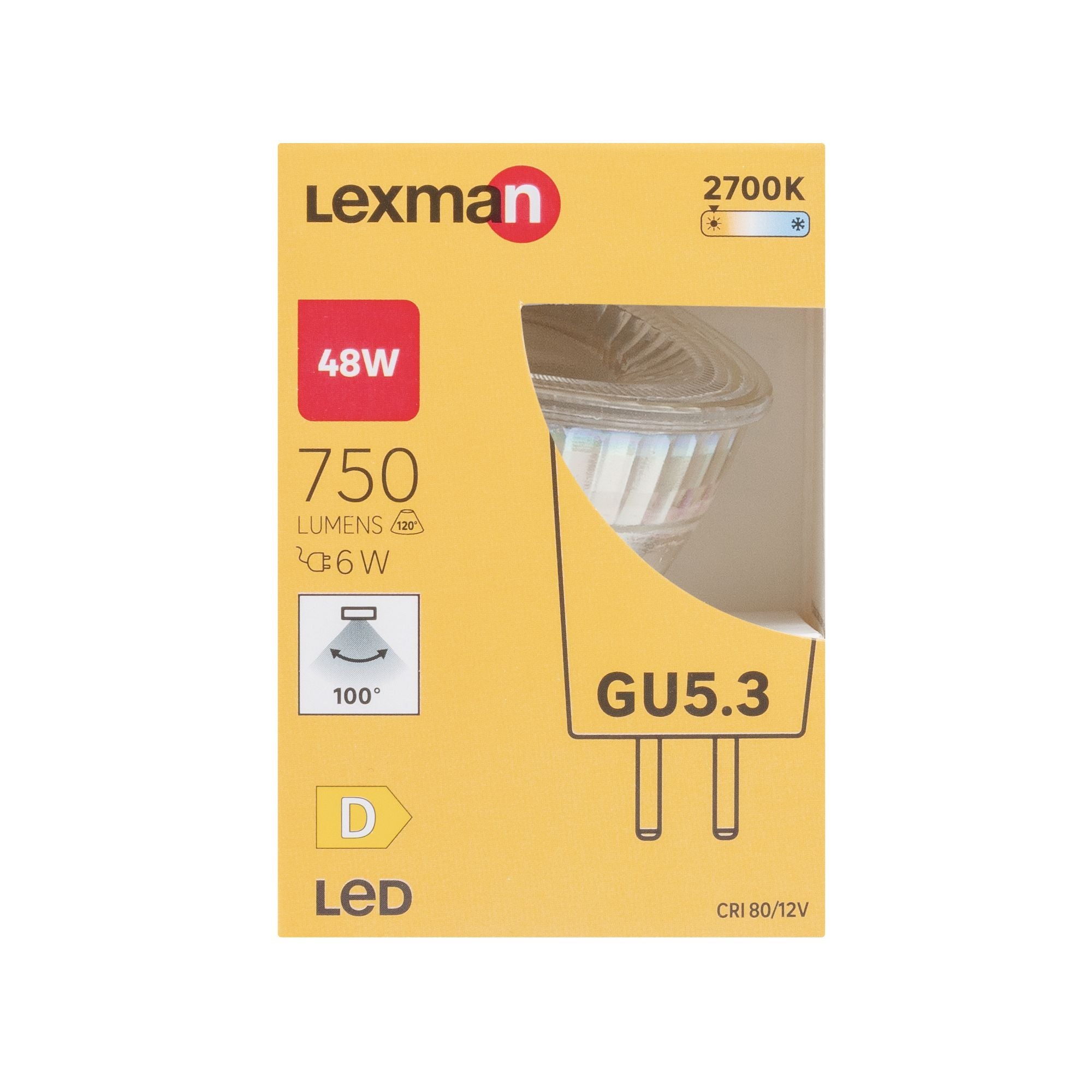 Bec LED Lexman, GU5, MR16, 6 W, alb cald, 2700K, 750 lm, 12 V