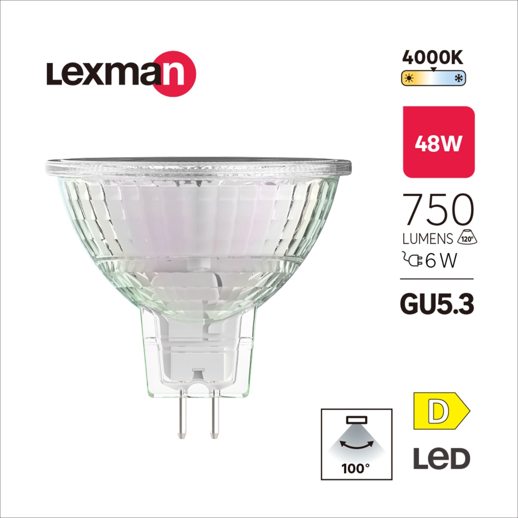 Bec LED Lexman, GU5, 6 W, alb neutru, 4000K, 750 lm