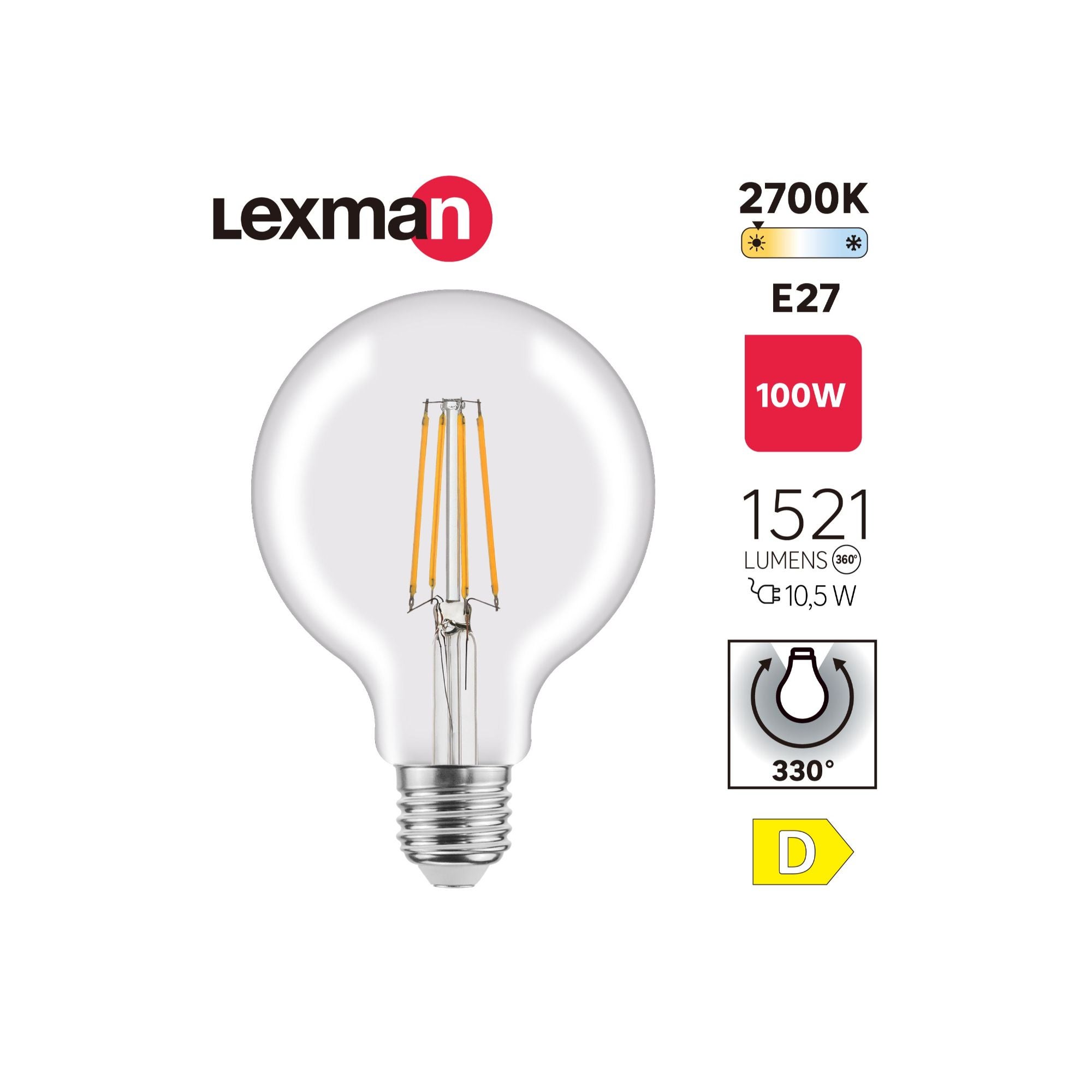 Bec LED Lexman, E27, G125, 10.5 W, 1521 lm, alb cald, 2700 K