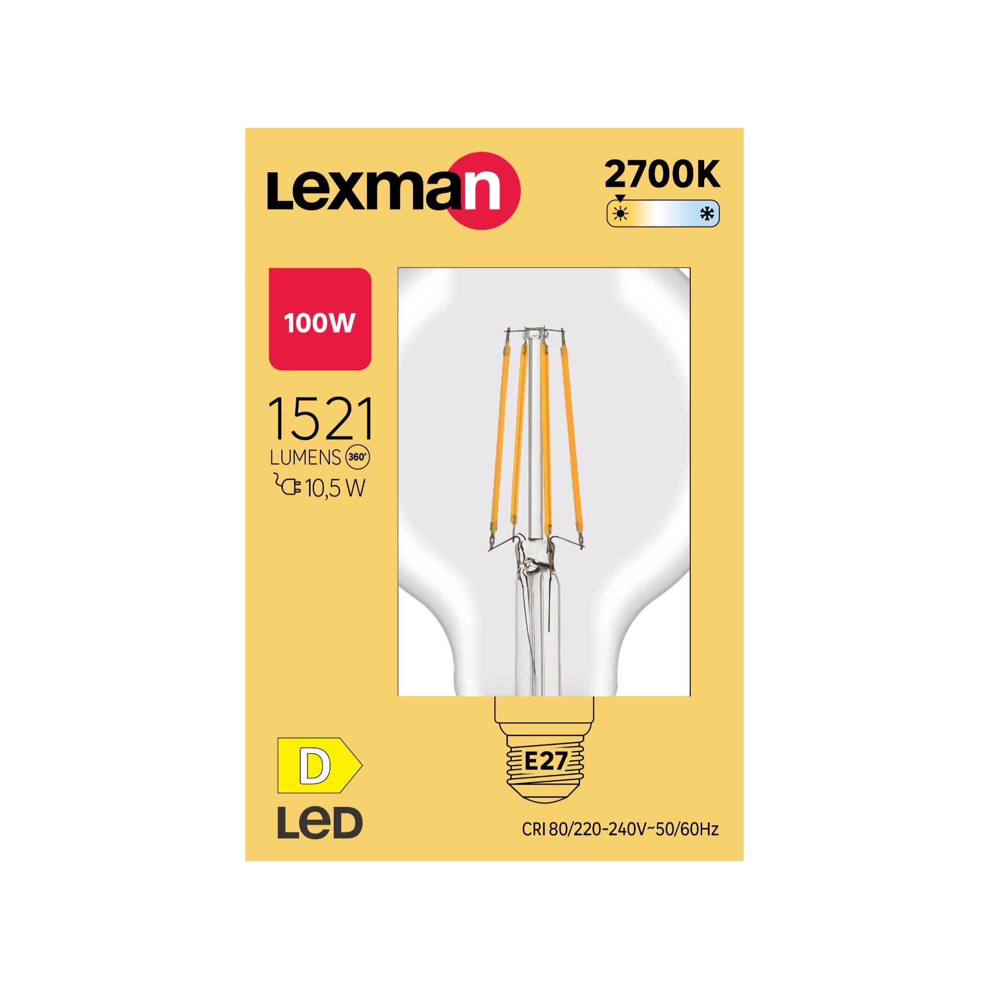 Bec LED Lexman, E27, G125, 10.5 W, 1521 lm, alb cald, 2700 K