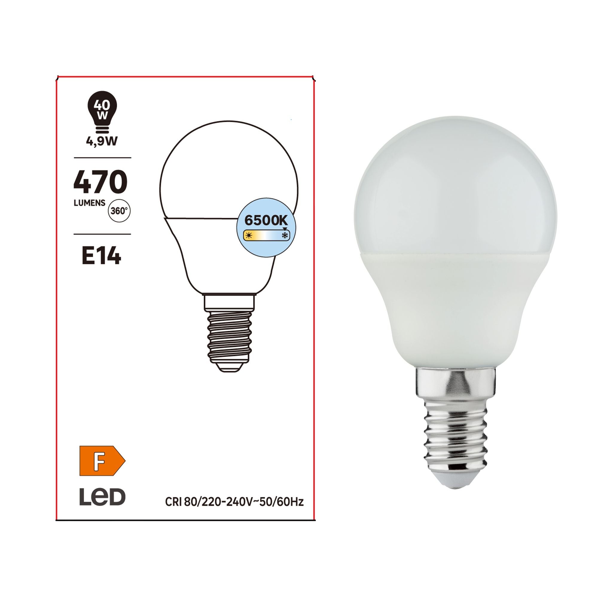 Bec LED E14, P45, alb rece, 6500K, 4.9 W, 470 lm, mat