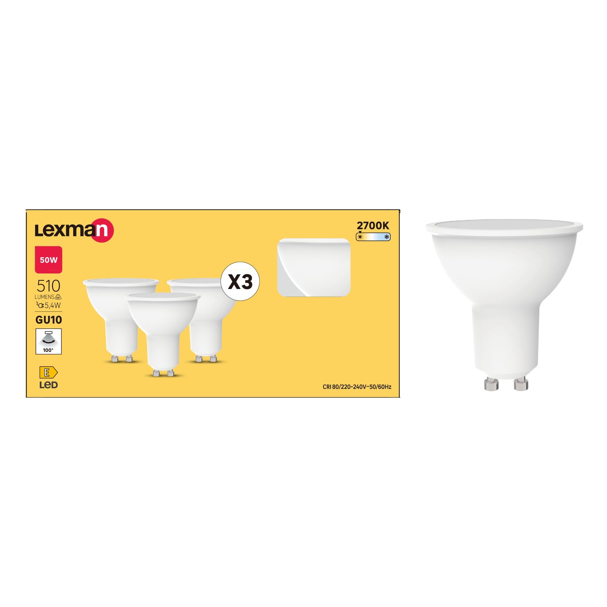 Bec LED Lexman, GU10, 5.4 W, alb cald, 2700K, 510 lm, set 3 bucati