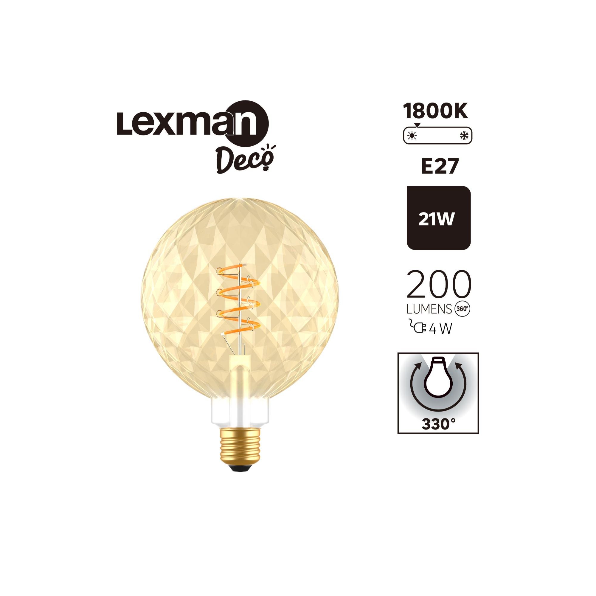 Bec LED decorativ Lexman, 4 W, E27, G125, alb cald, 1800K, 200 lm ...