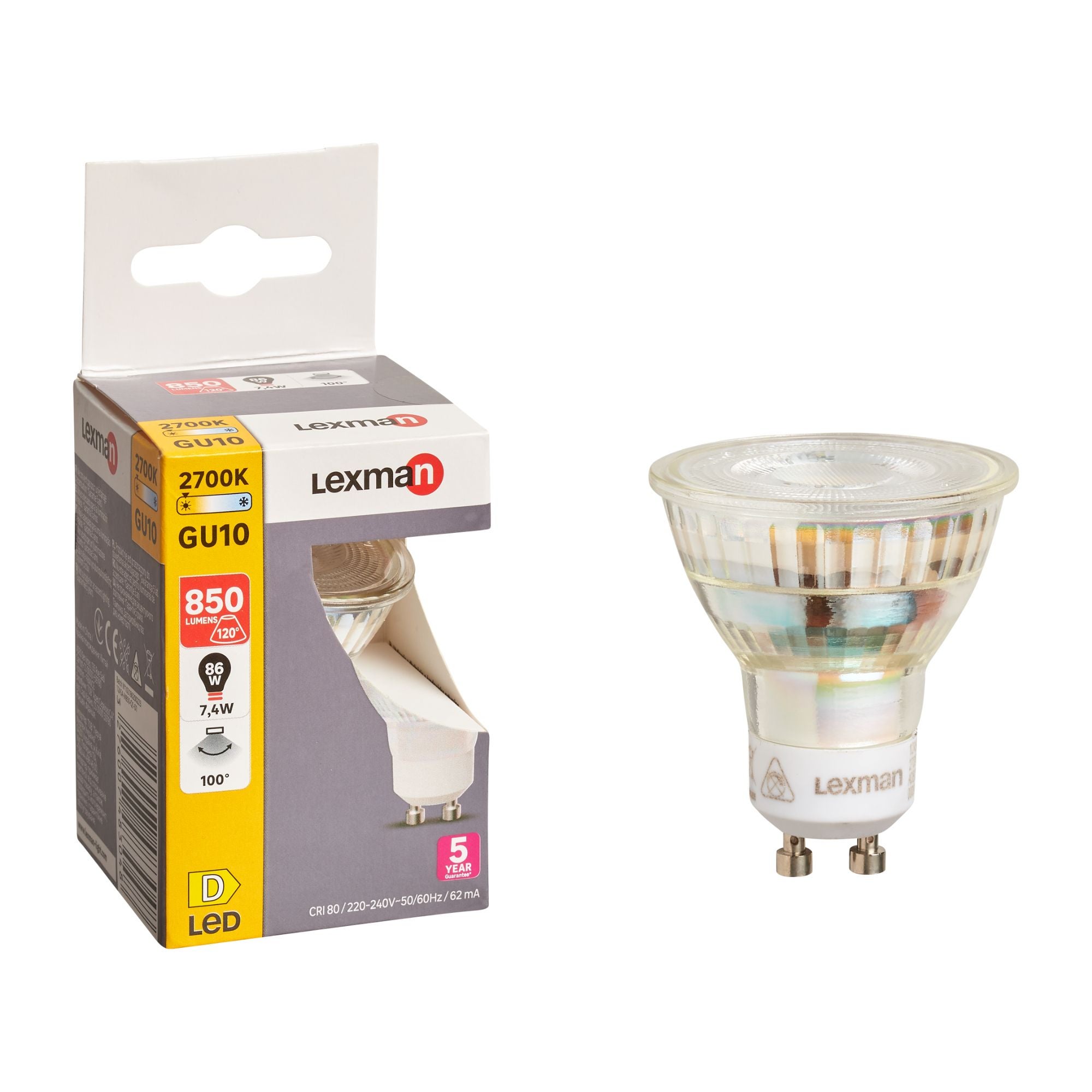 Bec LED Lexman, GU10, MR16, 7.4 W, alb cald, 2700K, 850 lm