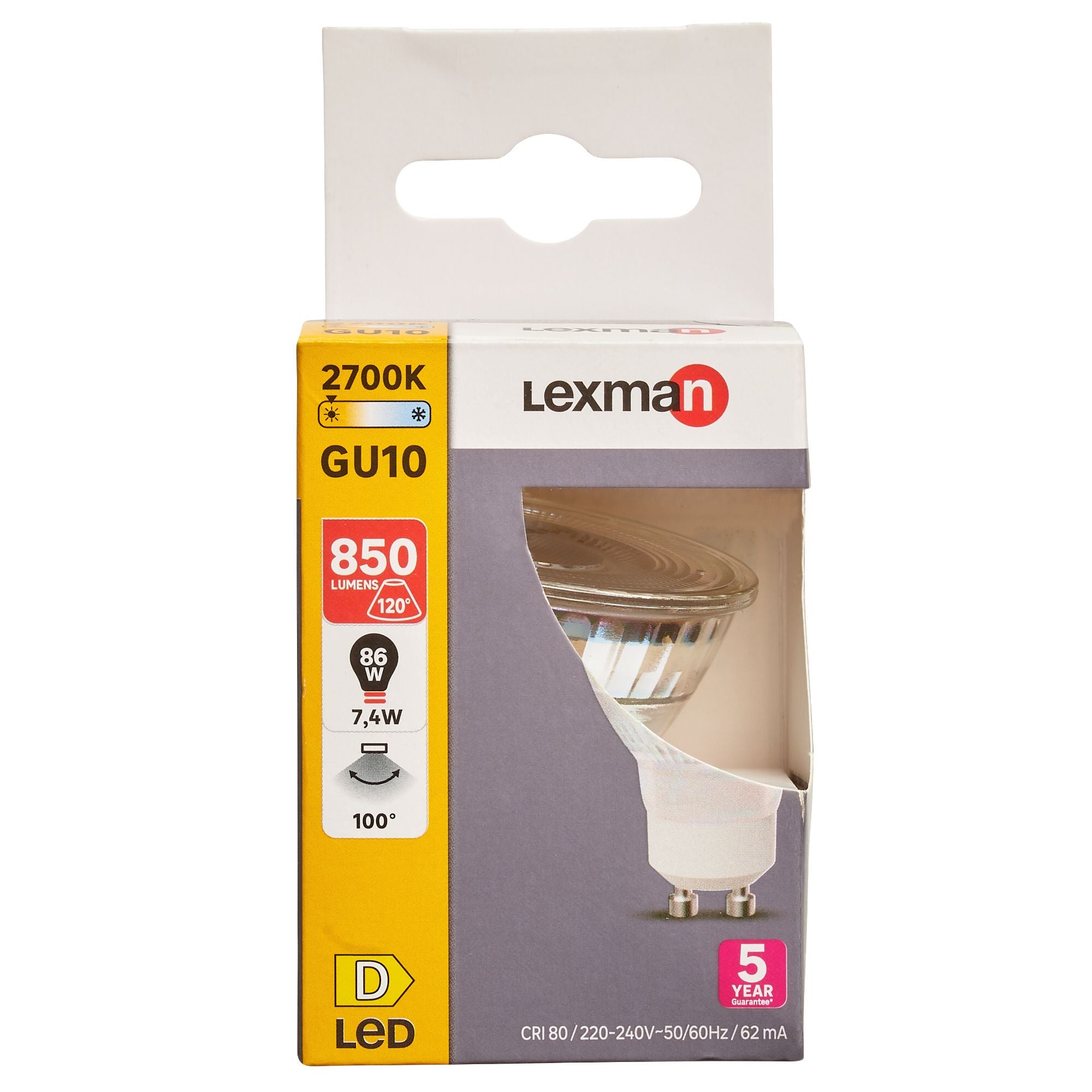 Bec LED Lexman, GU10, MR16, 7.4 W, alb cald, 2700K, 850 lm