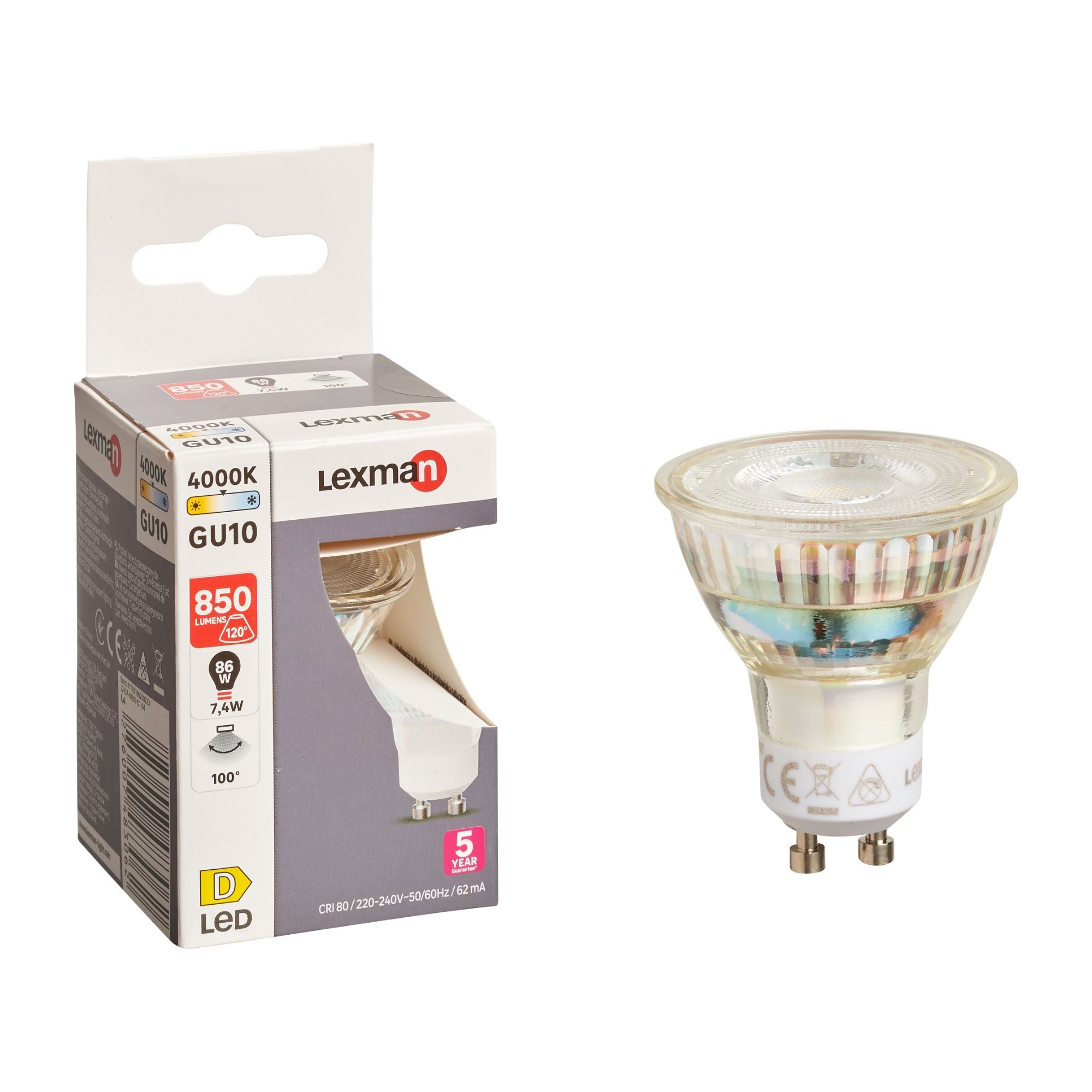 Bec LED Lexman, GU10, MR16, 7.4 W, alb neutru, 4000K, 850 lm