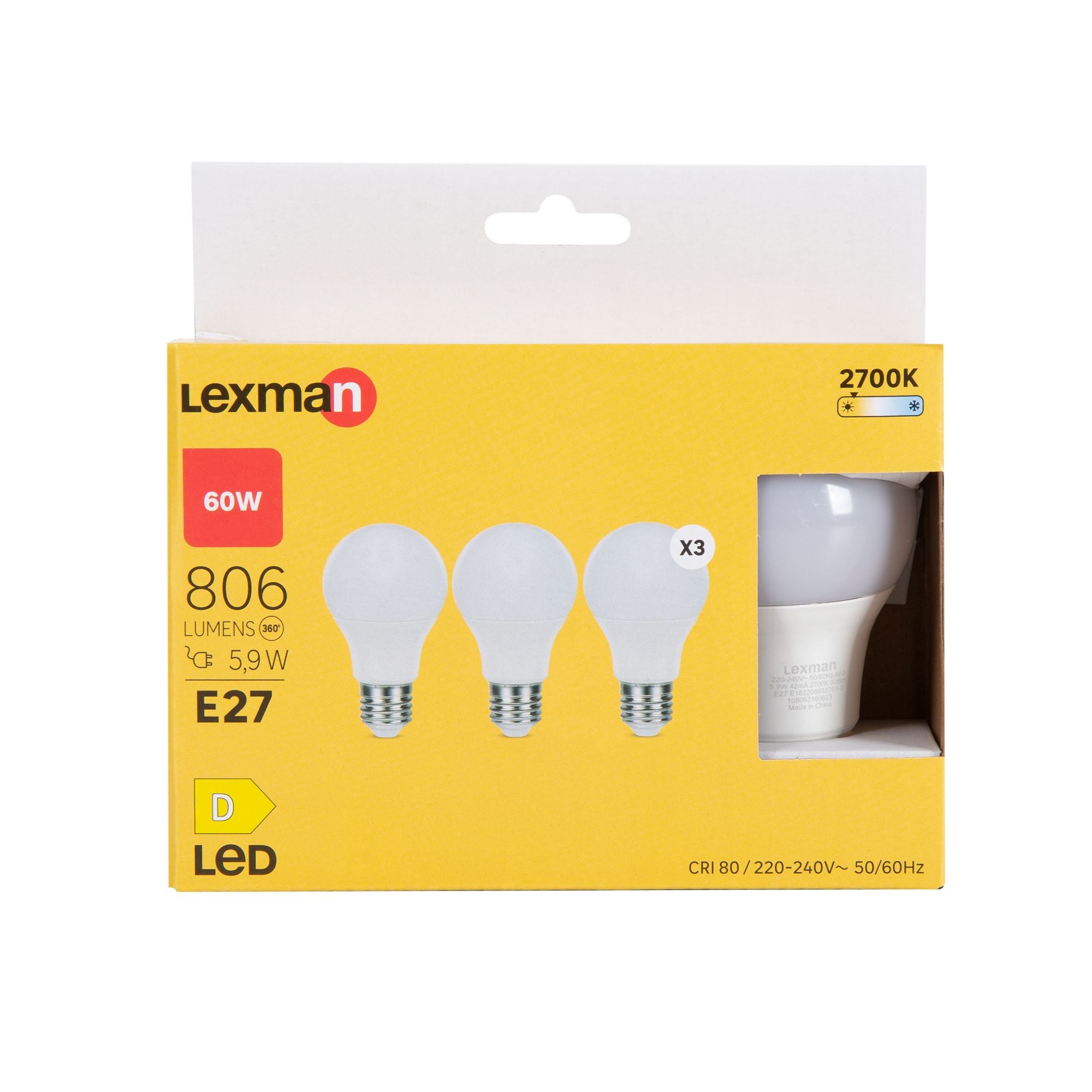 Bec LED Lexman, E27, A60, 5.9 W, alb cald, 27000K, 806 lm, set 3 bucati