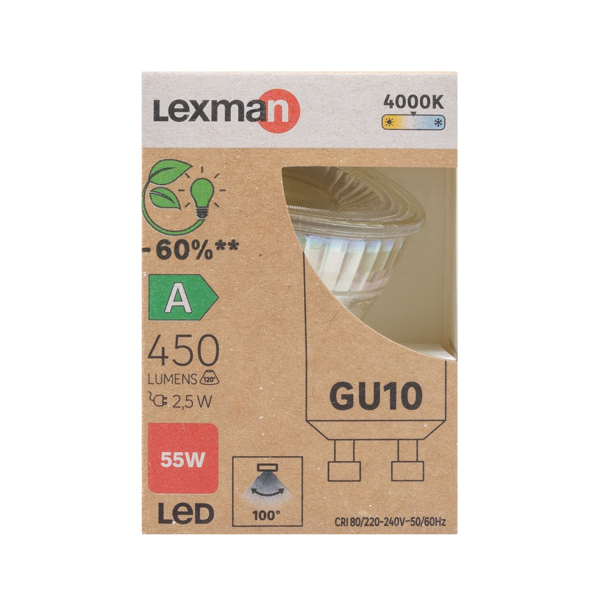 Bec LED Lexman, GU10, 2.5 W, alb neutru, 4000K, 450 lm, clasa A