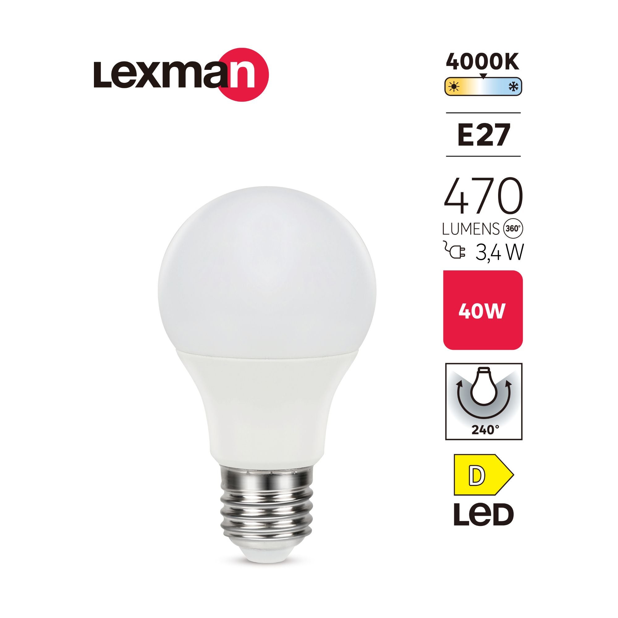 Bec LED Lexman, E27, A60, 3.4 W, alb neutru, 4000K, 470 lm, mat