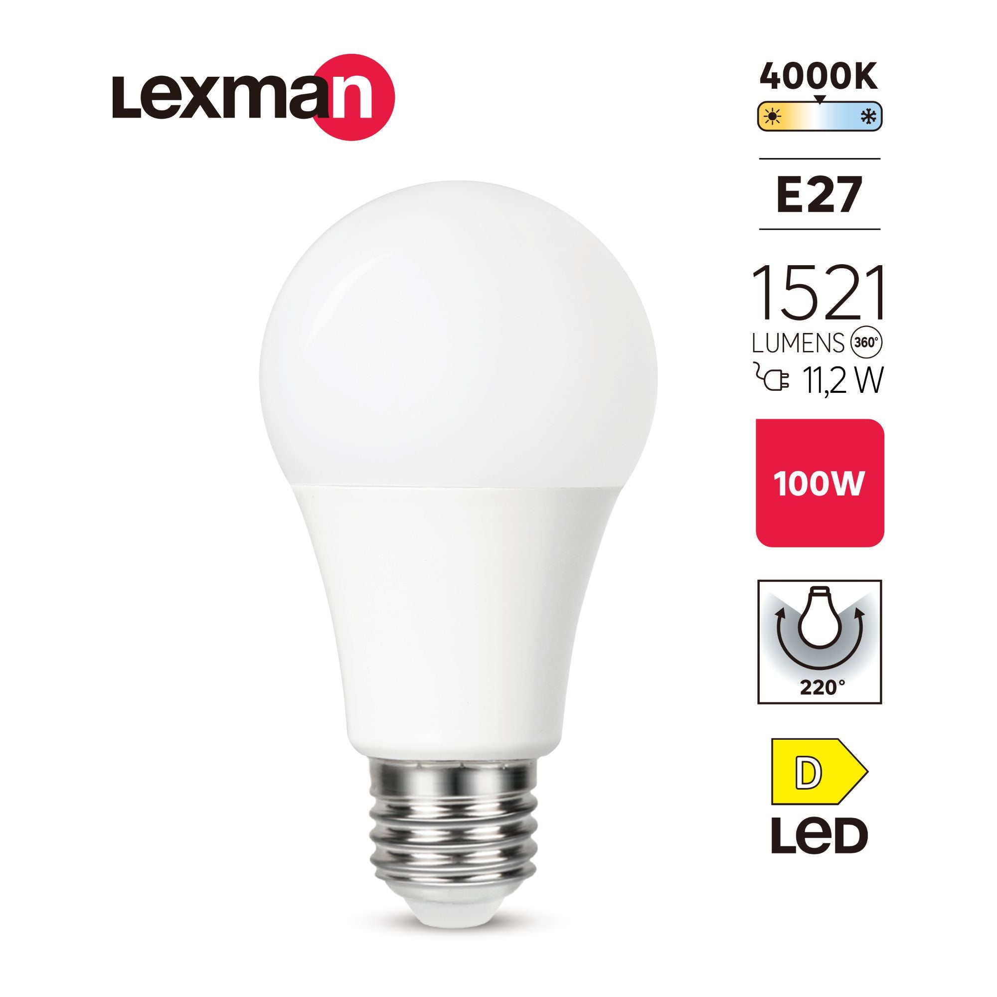 Bec LED Lexman, E27, A60, 11.2 W, alb neutru, 4000K, 1521 lm, mat