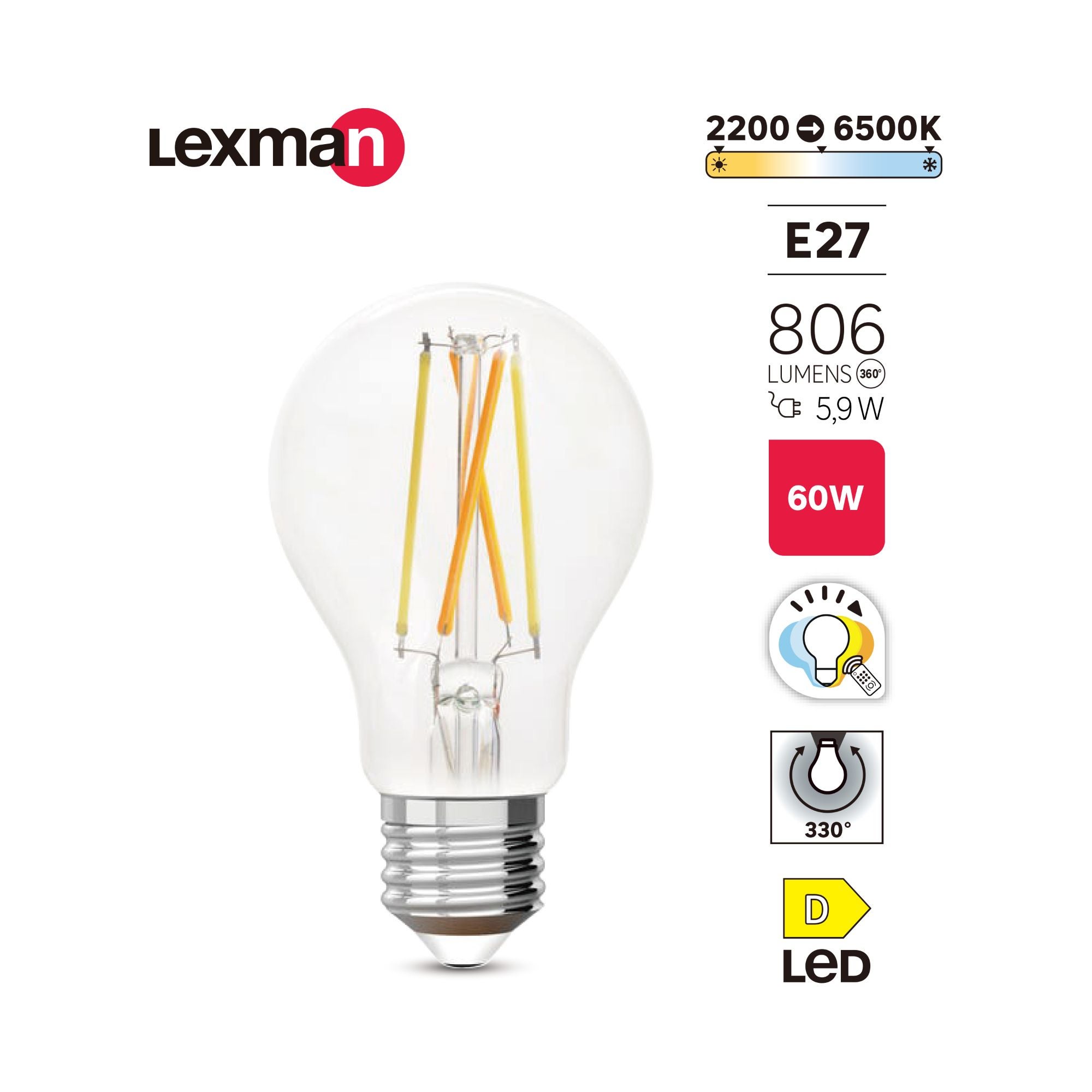 Bec LED Lexman, E27, A60, 5.9 W, dimabil, cu schimbarea temperaturii de ...