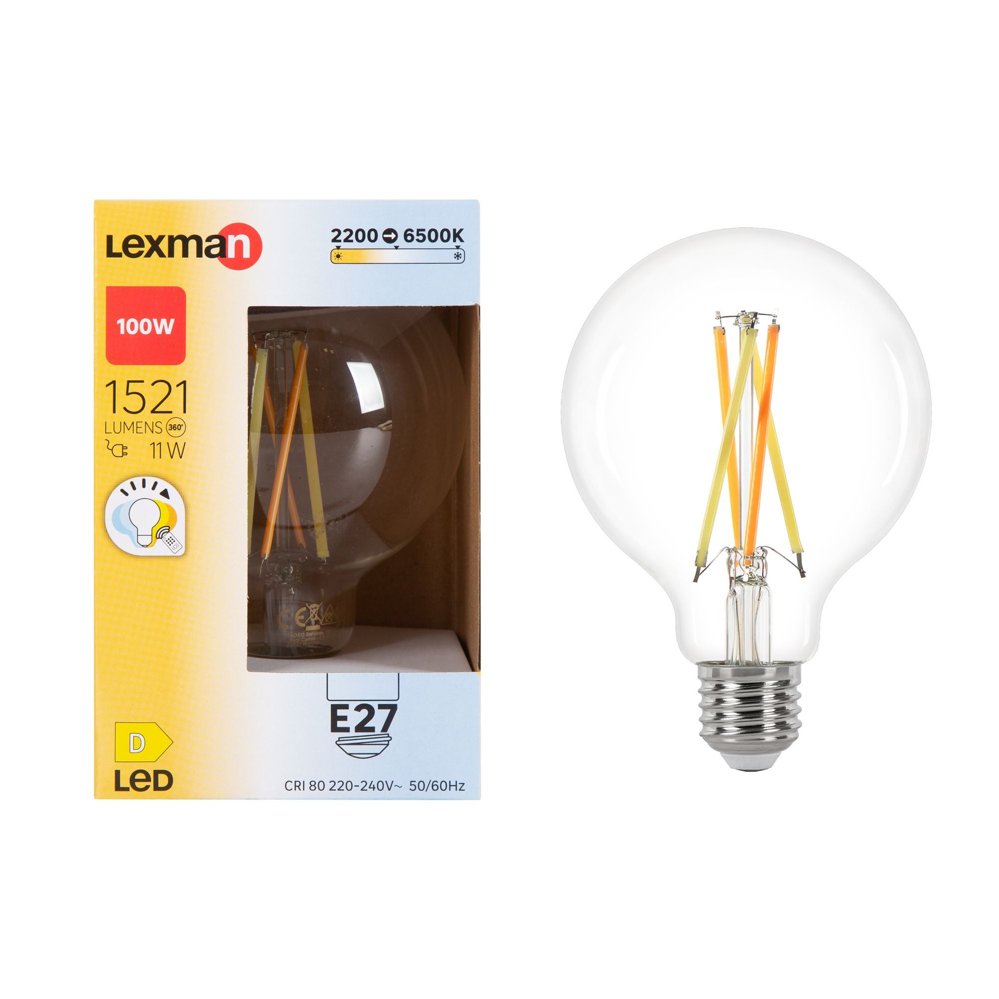 Bec LED Lexman , E27, G95, 11 W, 1521 lm, dimabil, CCT, filament clar