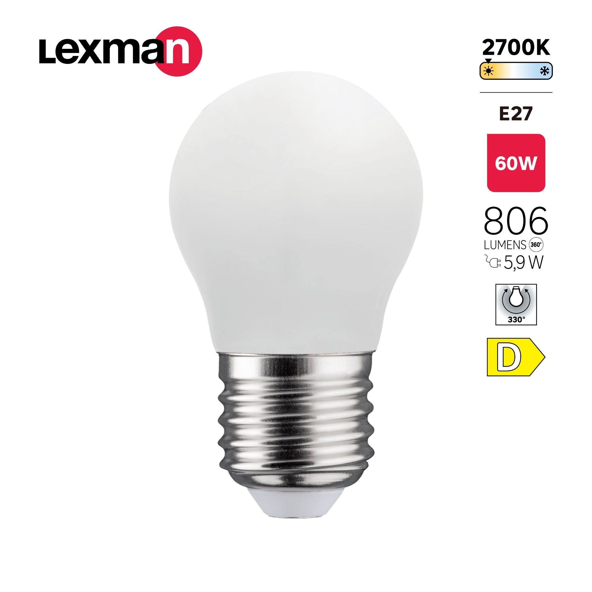 Bec LED Lexman Milky, E27, G45, 5.9 W, alb cald, 2700K, 806 lm, tip bulb
